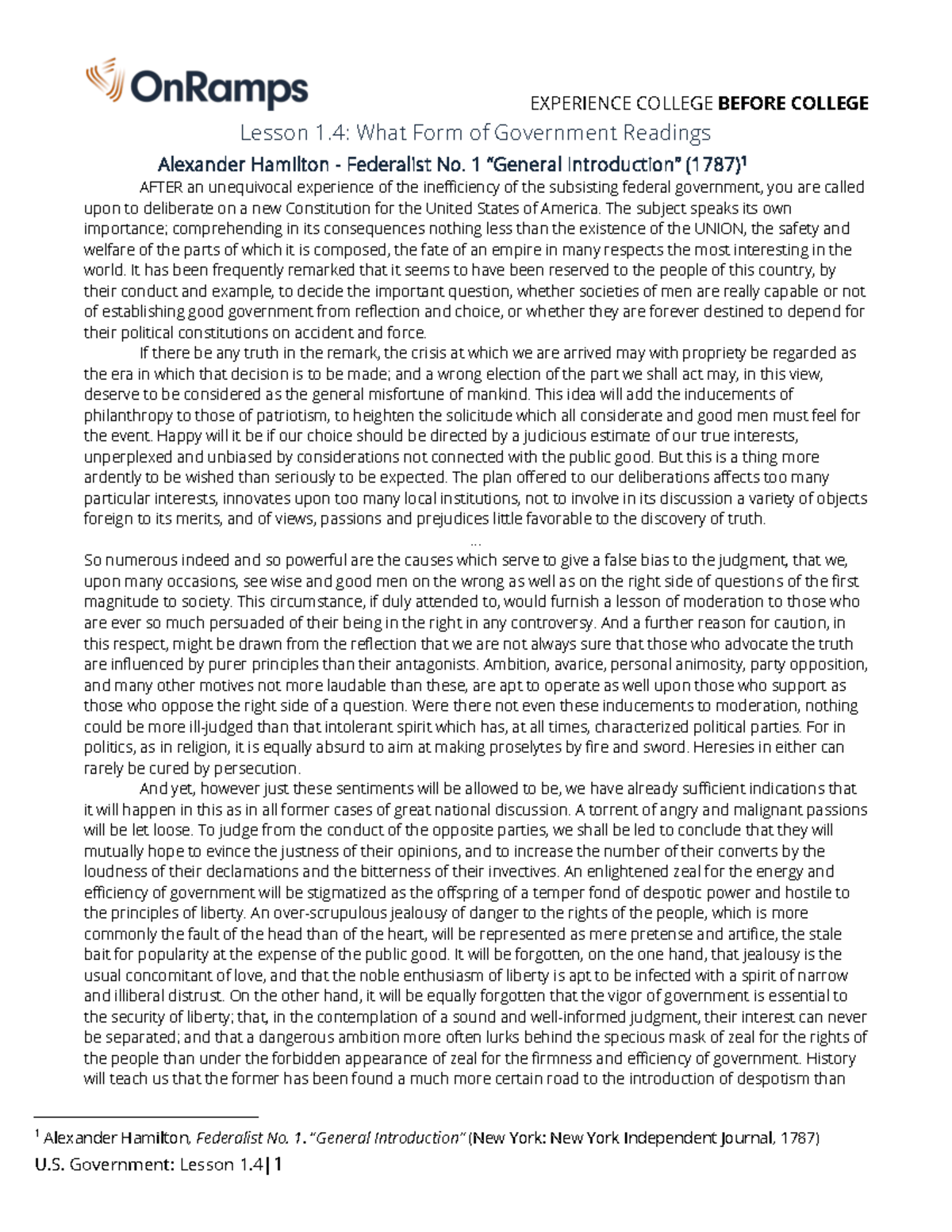 U.S. Government Lesson 1.4: Analyzing Hamilton's Federalist No. 1 - Studocu