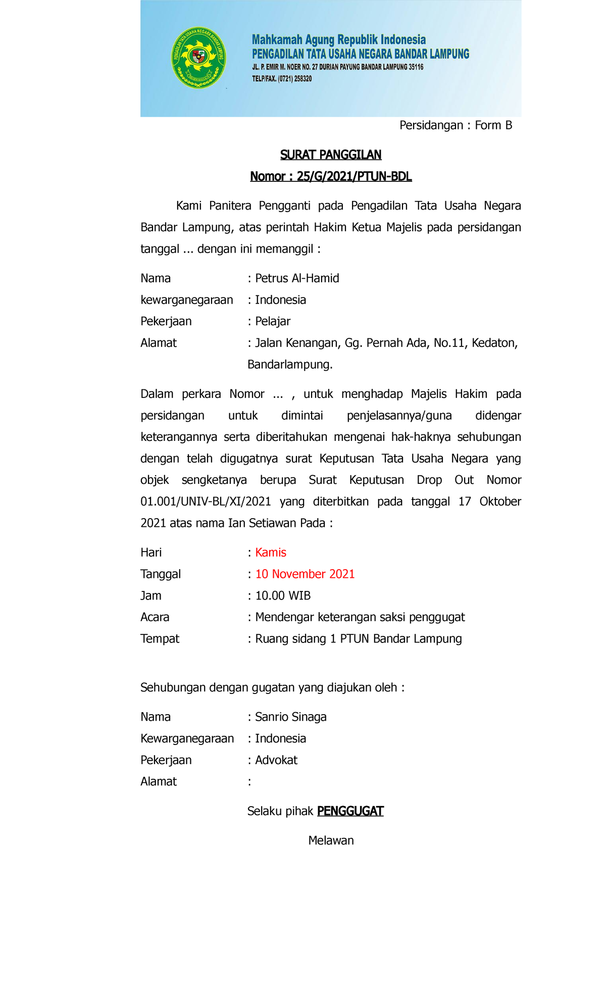 Contoh Surat Panggilan Saksi Penggugat PTUN-BDL 2021 - Studocu