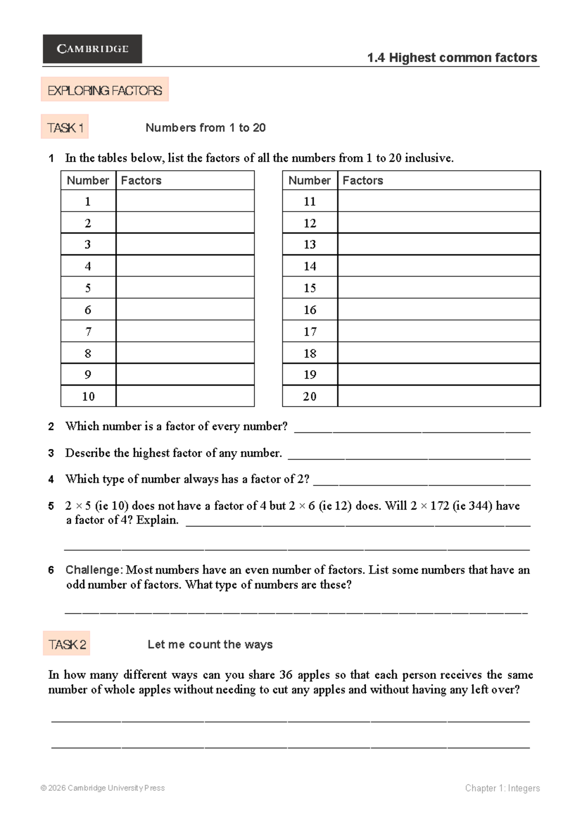 Worksheet 1 - HCF: Exploring Factors (1.4) - Studocu