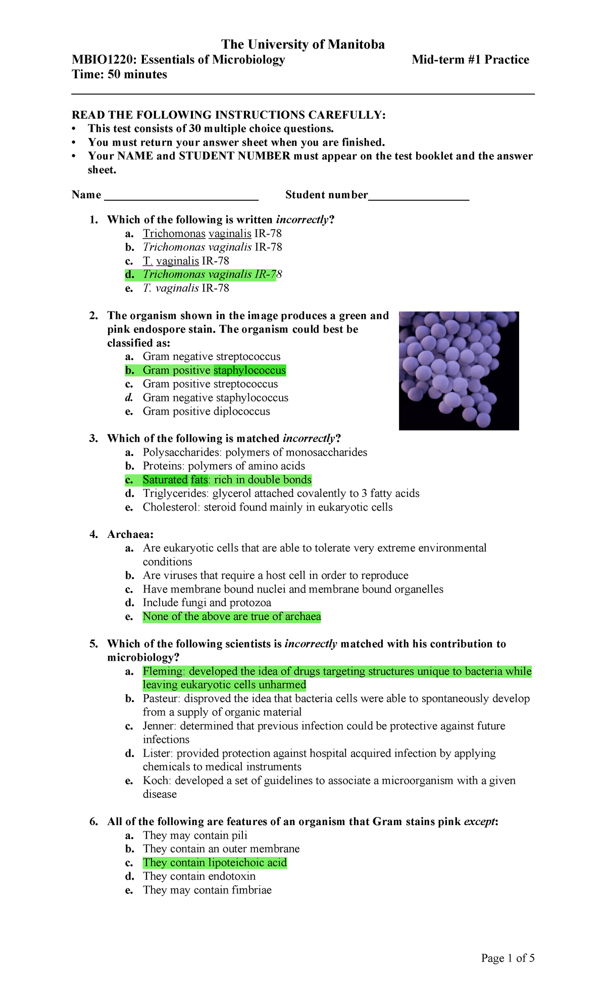 MBIO1220 W19 Mid-term #1 Practice Questions and Answers - Studocu