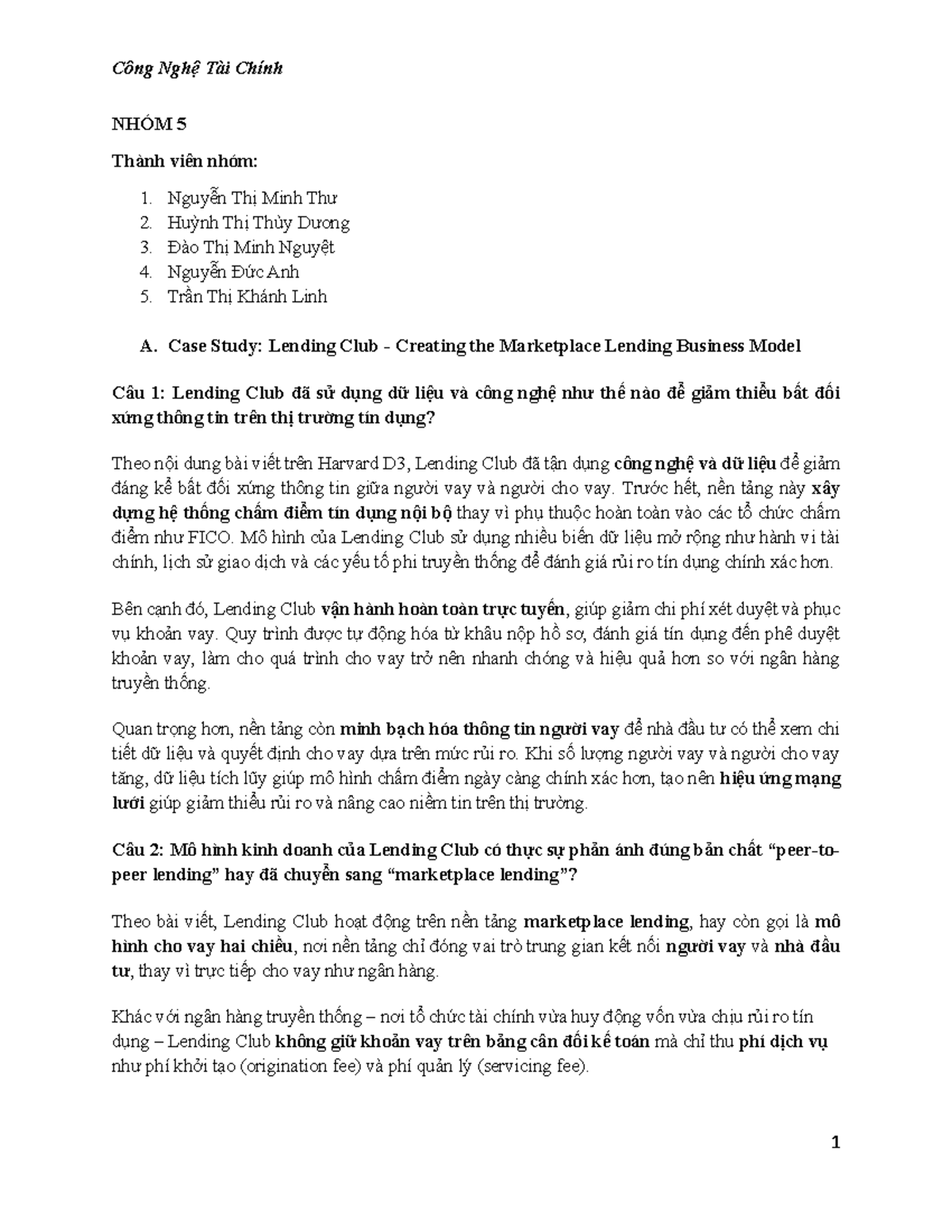 Công Nghệ Tài Chính - NHÓM 5: Case Study về Lending Club - Studocu