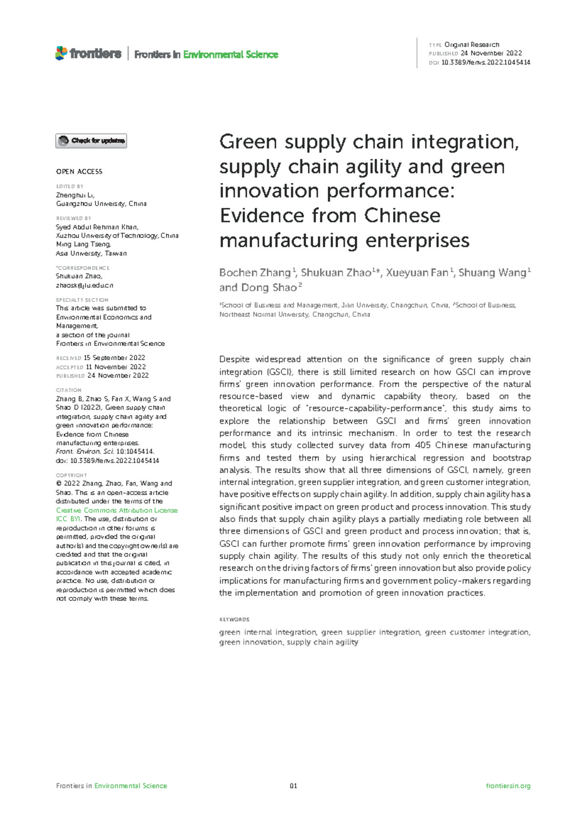 Green Supply Chain Integration and Innovation Performance: Evidence ...