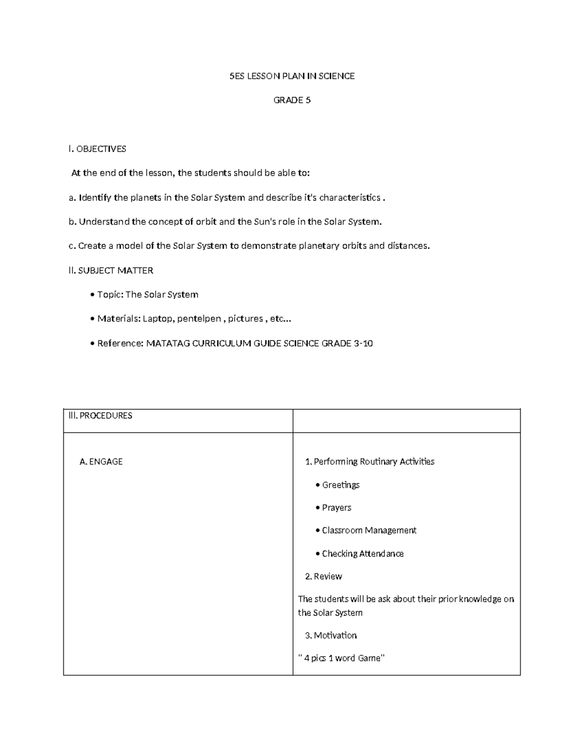 5ES LESSON PLAN: Exploring the Solar System for Grade 5 Science - Studocu