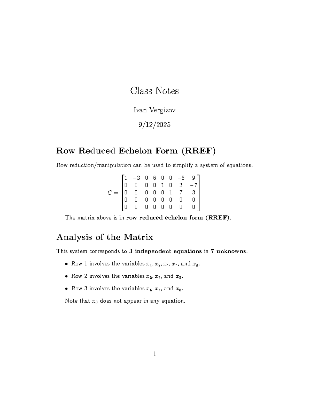 Row Reduction and Free Variables in RREF - Class Notes (MATH 101) - Studocu