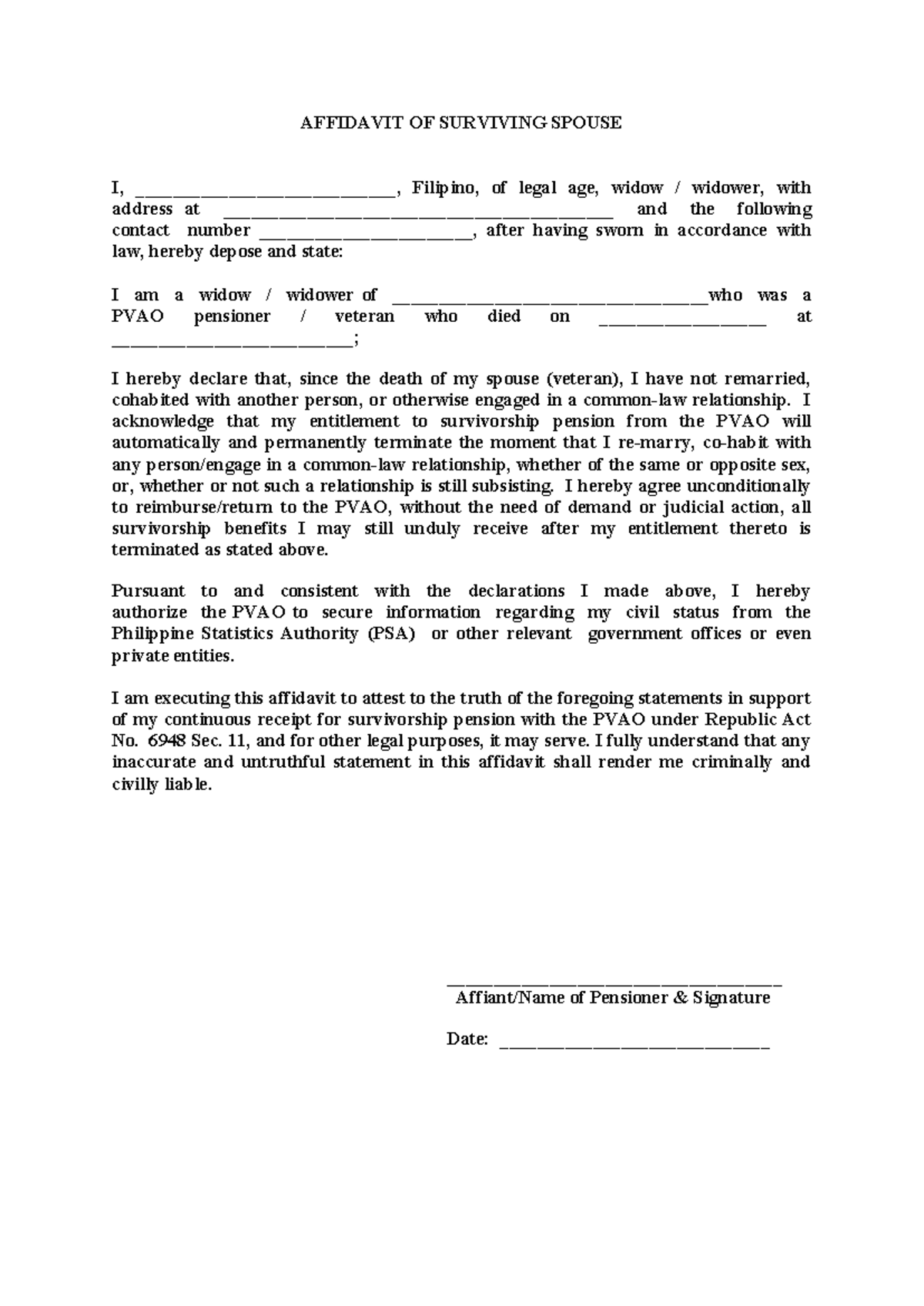 Affidavit of Surviving Spouse for PVAO Pension Benefits - Studocu