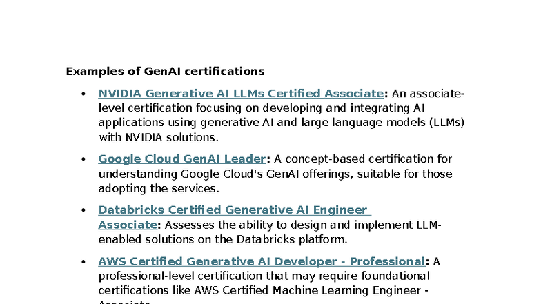 GenAI Certifications Overview: NVIDIA, Google, Databricks, AWS - Studocu