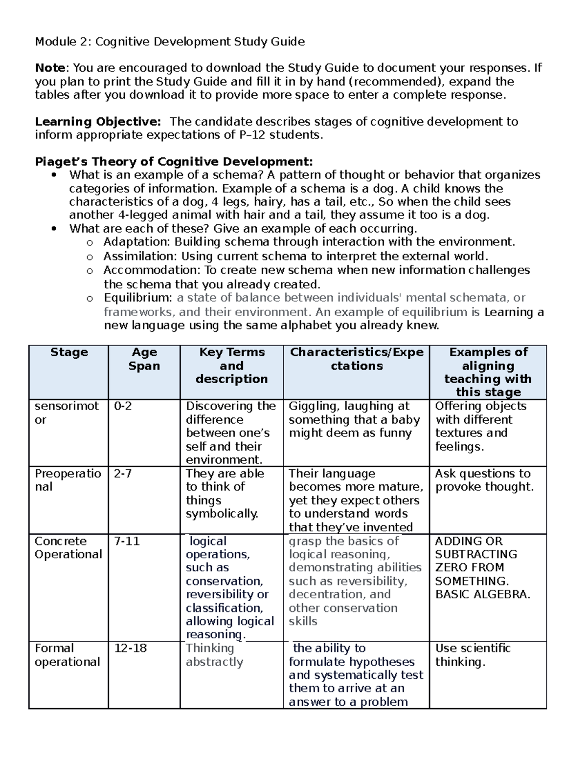 Study guide 2 - Module 2: Cognitive Development Study Guide Note: You are encouraged to download ...