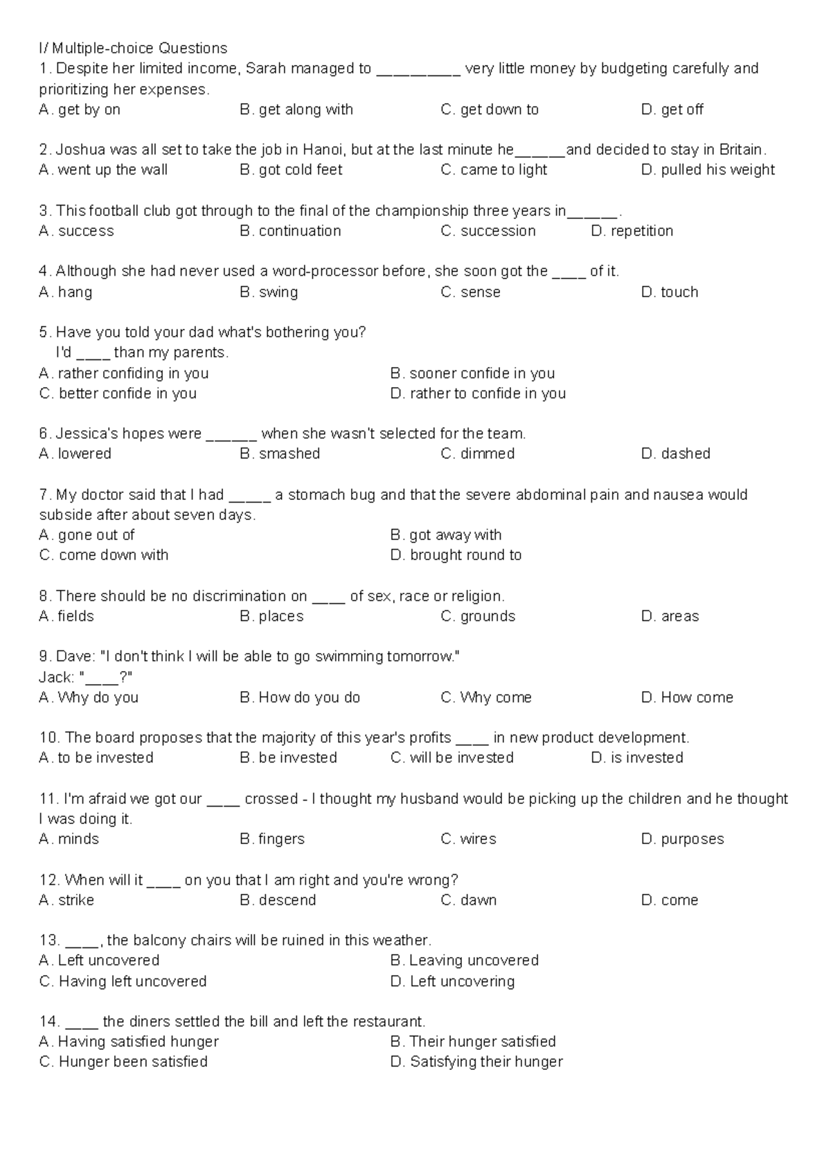 Mini Test: Identifying and Understanding Common Idioms - Studocu