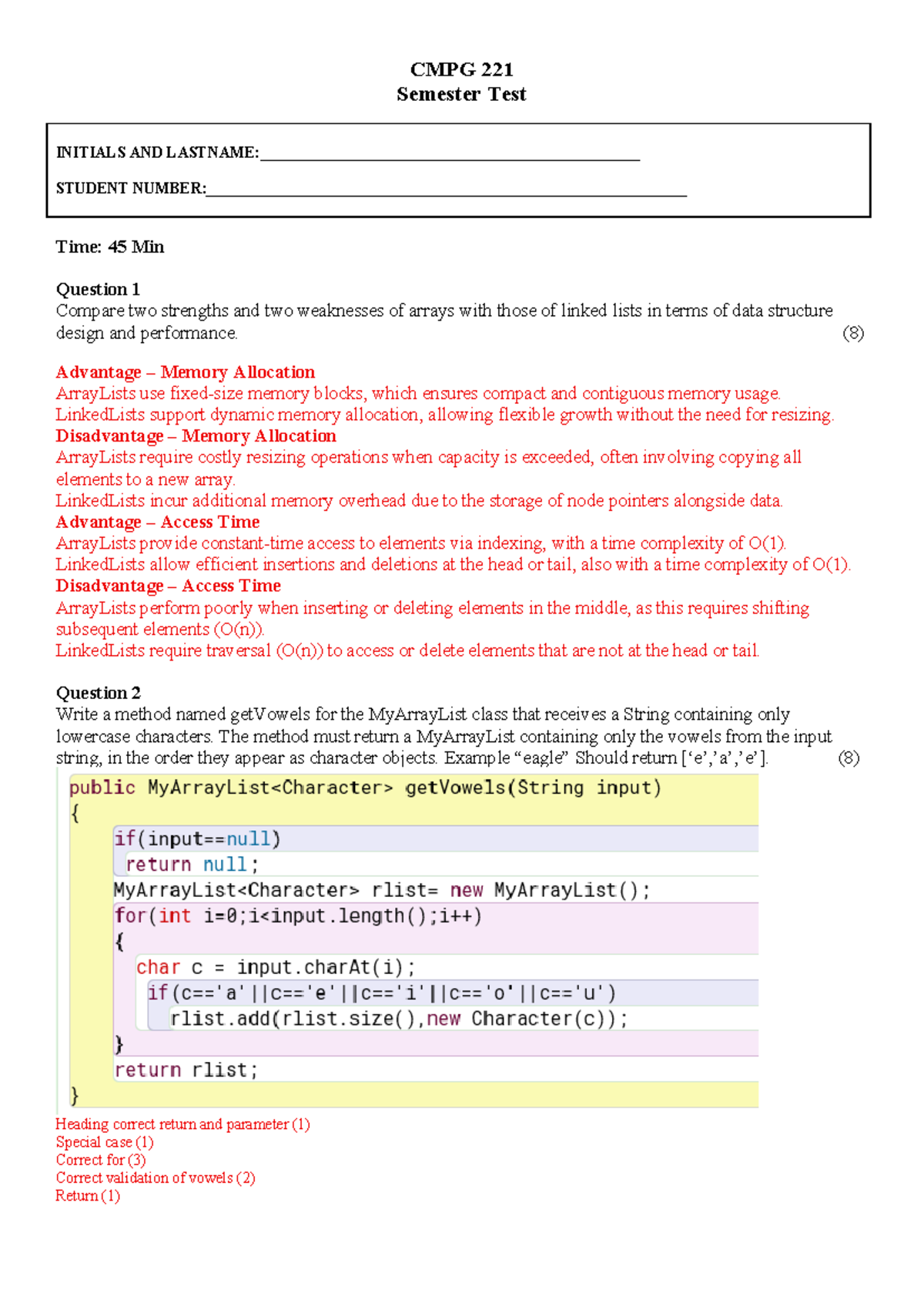 CMPG 221 Semester Test: Arrays vs. Linked Lists Analysis - Studocu