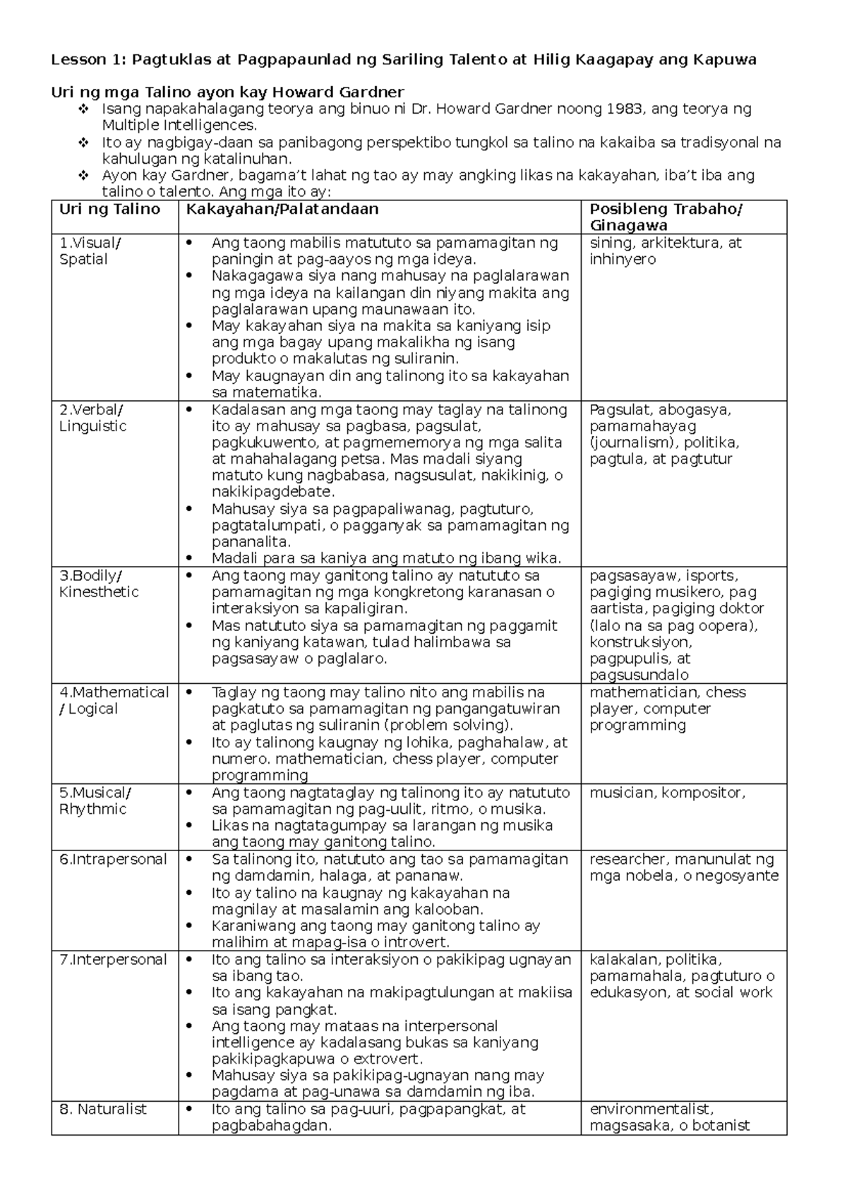 Values Education 7 - Q2 Lesson 1: Pag-unawa sa Multiple Intelligences ...