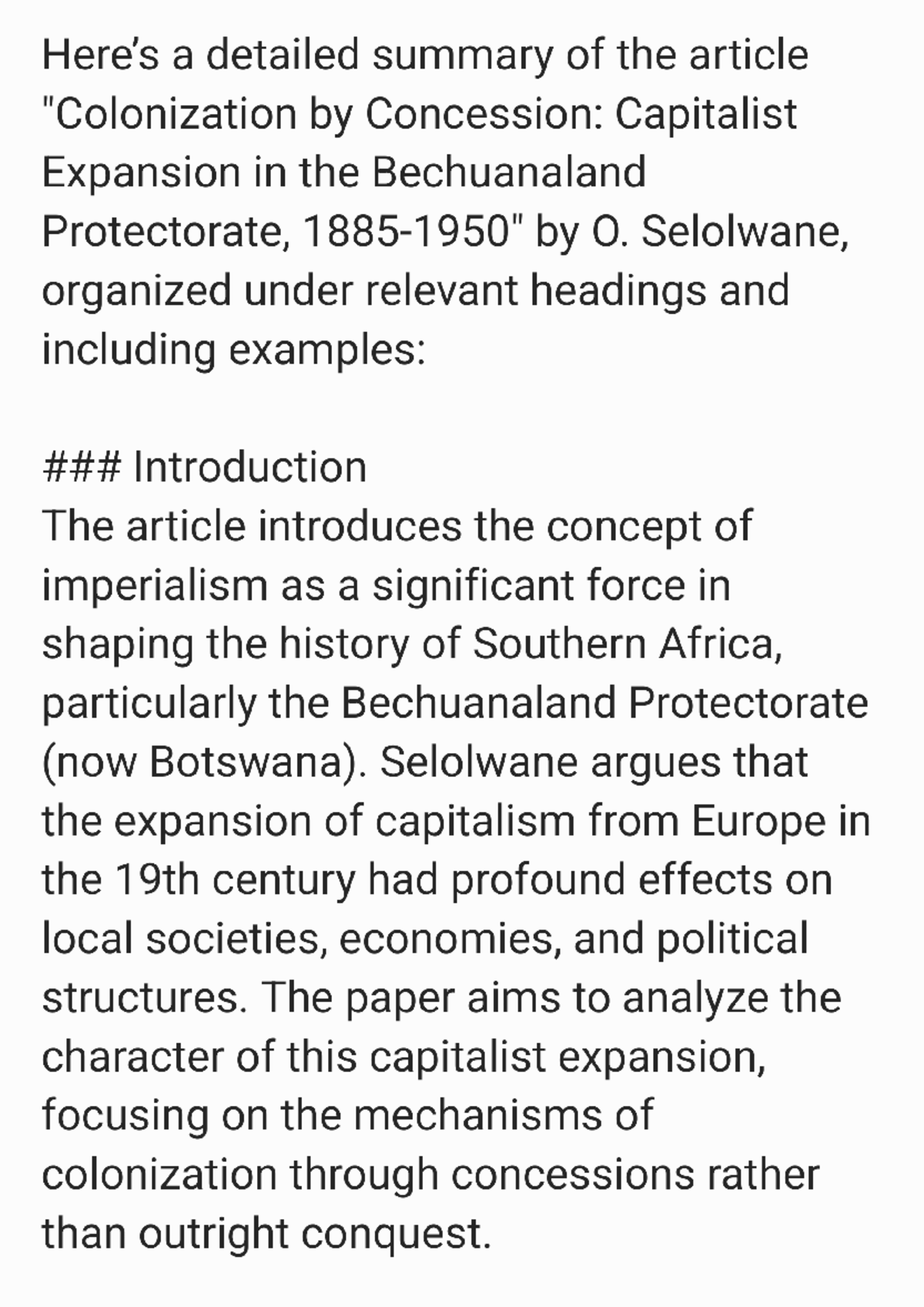 Summary of O. Selolwane's Article on Capitalist Expansion in ...