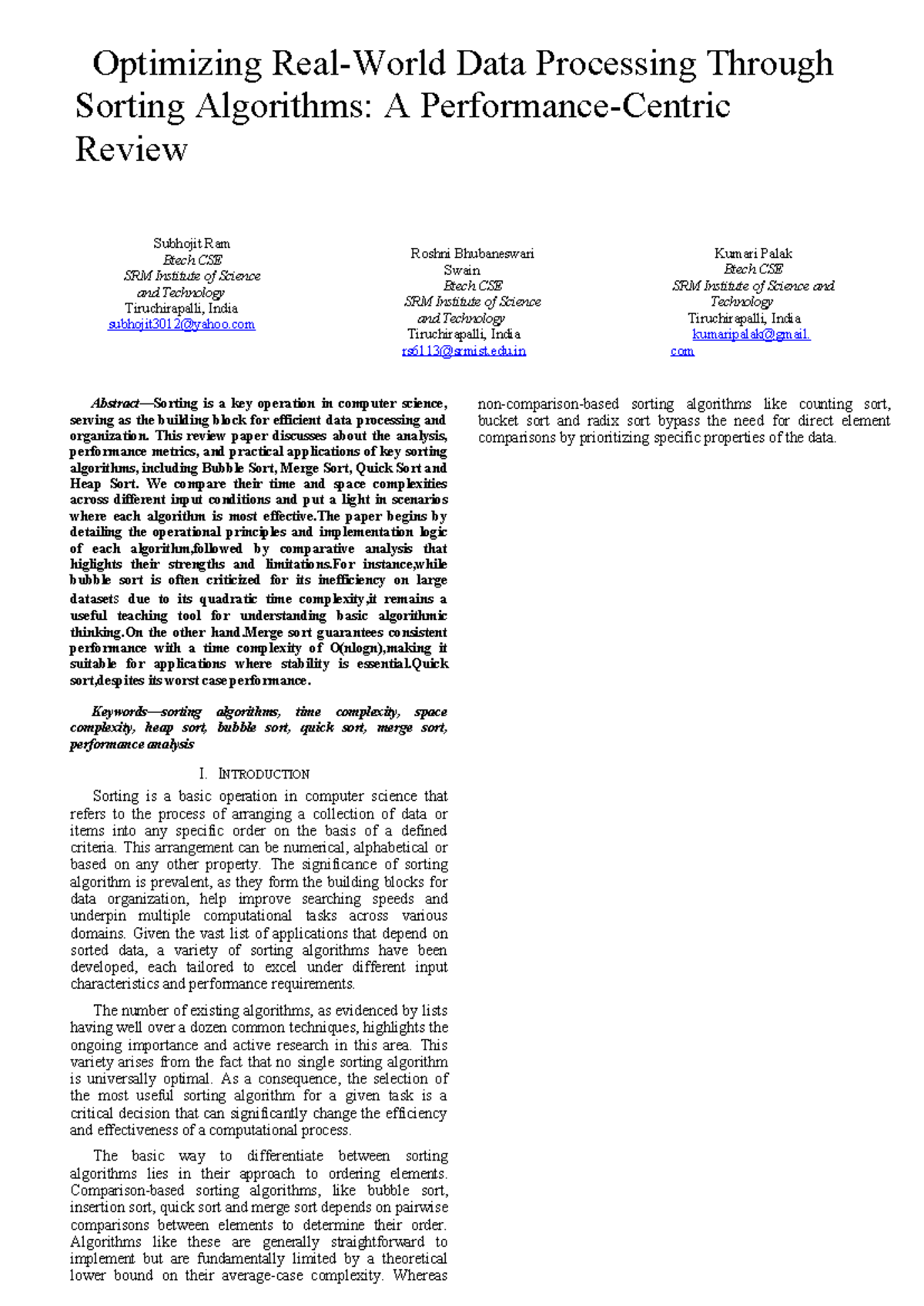 DAA 101: Review of Sorting Algorithms for Data Processing Optimization - Studocu