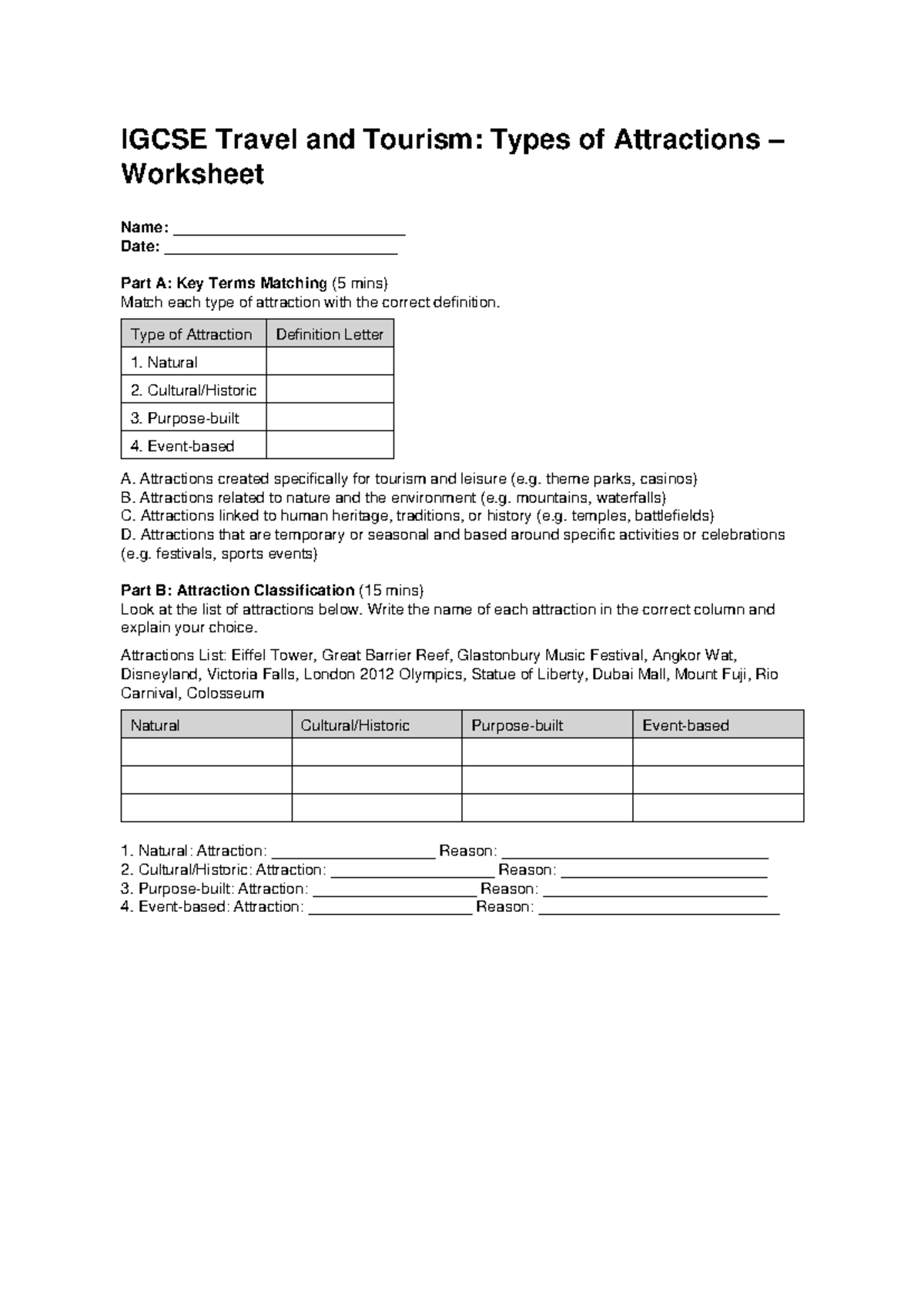 IGCSE Travel & Tourism: Types of Attractions Worksheet - Studocu