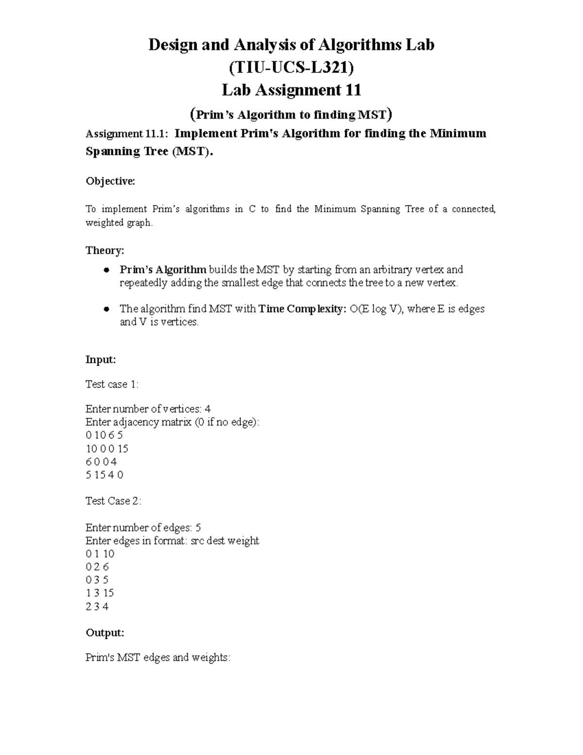 Lab Assignment 11: Implementing Prim's Algorithm for MST - Studocu