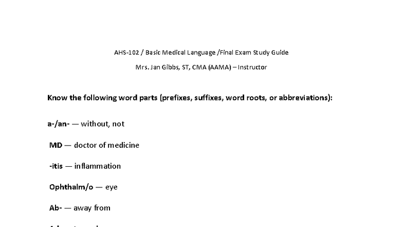 AHS-102 Final Exam Study Guide: Basic Medical Language Terms - Studocu