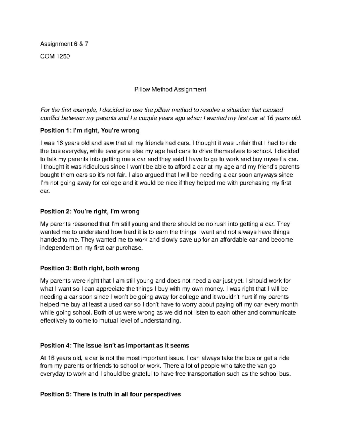 COM 1250 Assignment 6 & 7: Analyzing Conflict with the Pillow Method ...