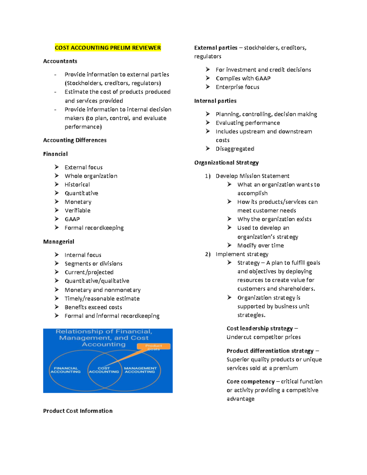 COST Accounting Prelim Exam Reviewer: Key Concepts & Strategies - Studocu
