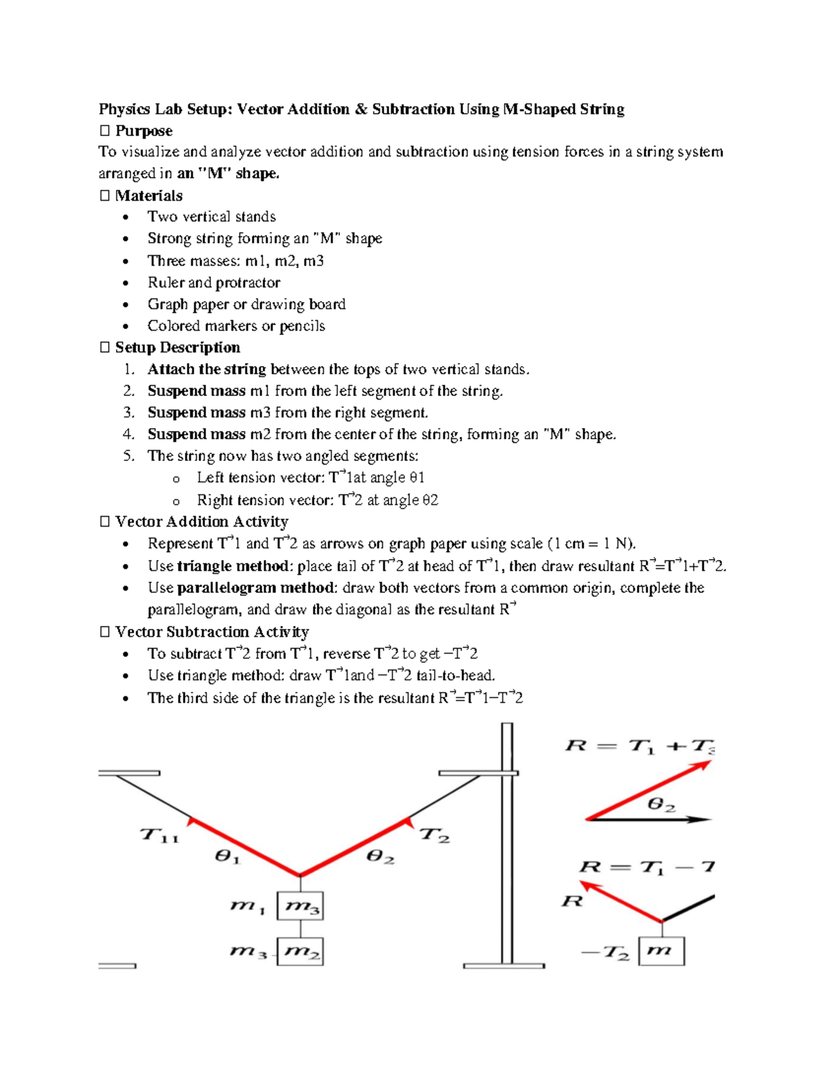 Physics Lab Setup: Vector Addition & Subtraction with Strings - Studocu