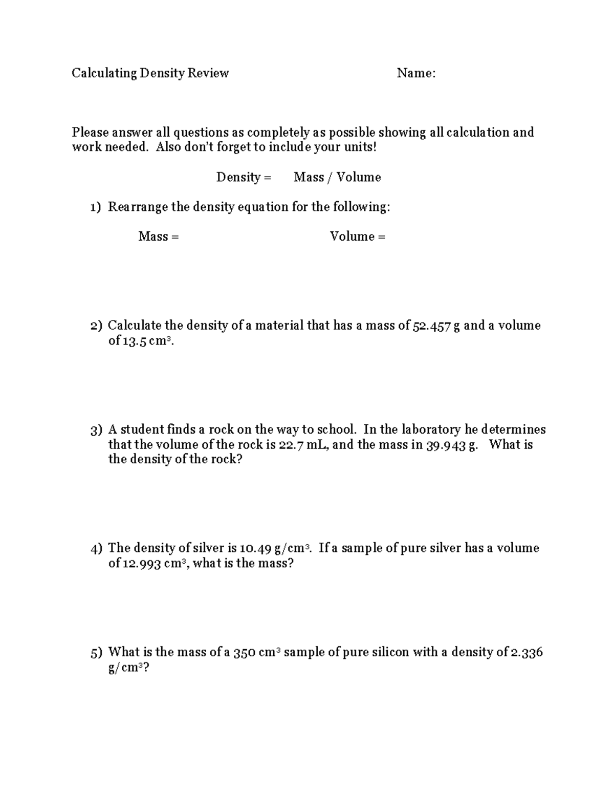 Density Worksheet - 10th GRADE - Calculating Density Review - Studocu