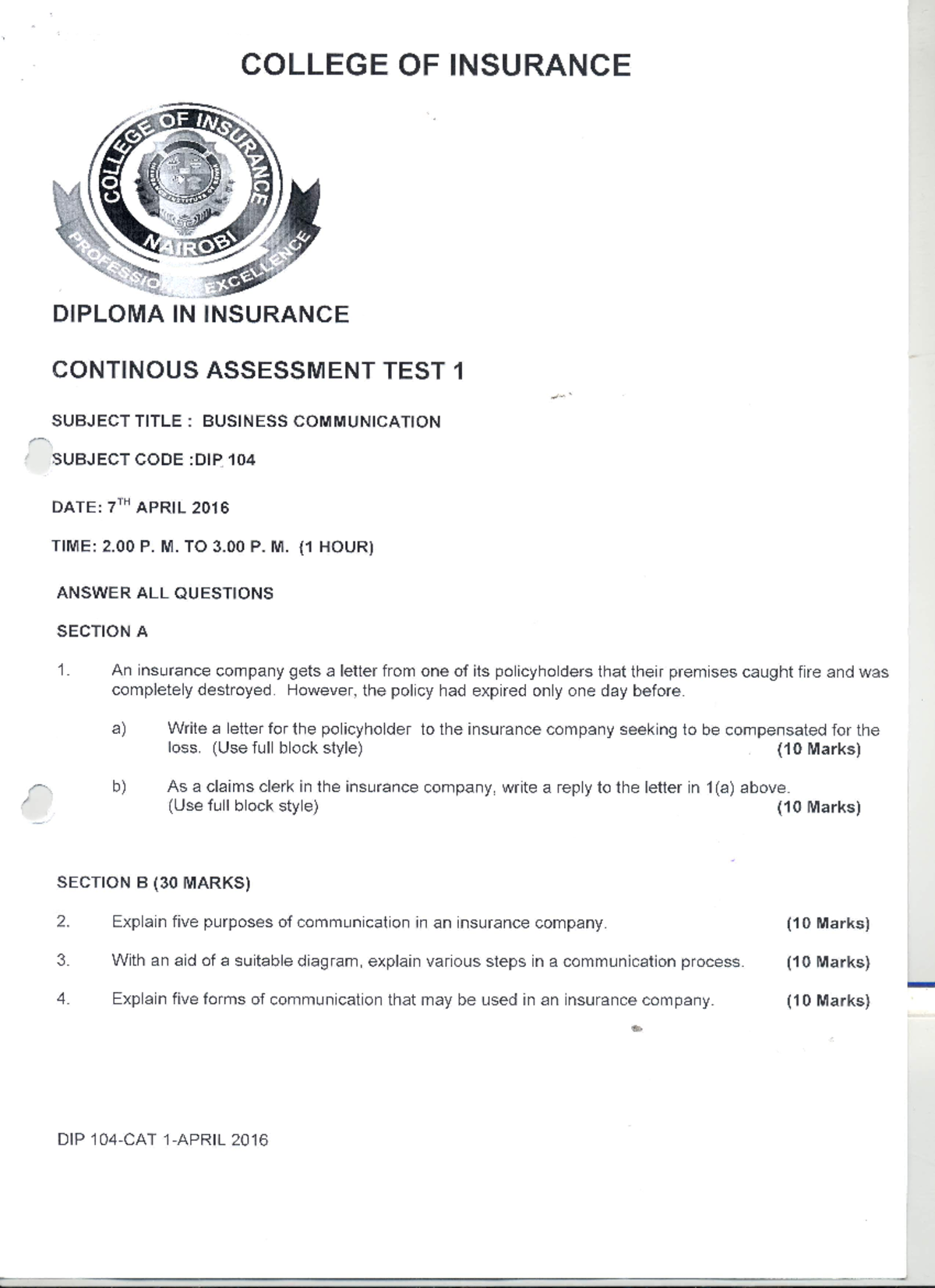 DIP 104 CAT 1 Previous Years' Exam Papers Collection - Studocu