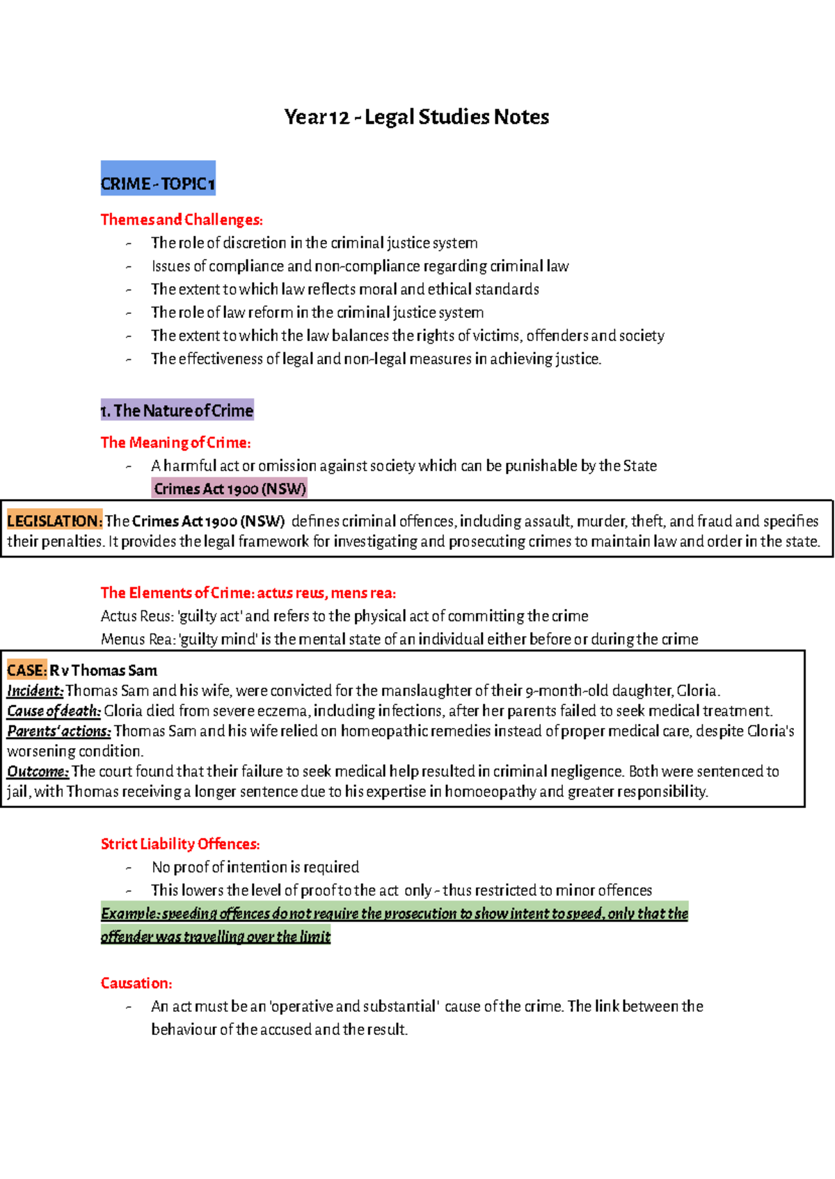 Year 12 Legal Studies: Crime Topic Notes and Case Studies - Studocu