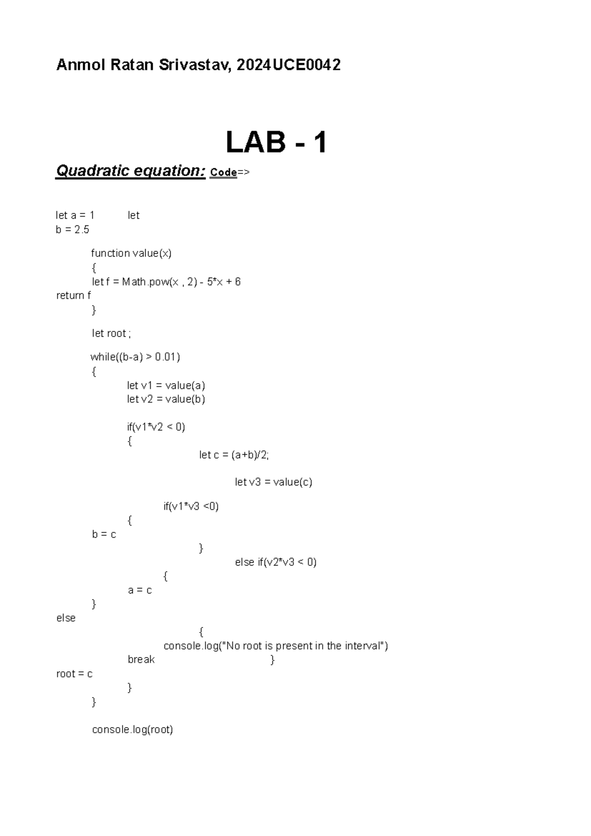 LAB 1 & 3: Quadratic & Gaussian Elimination Code (2024UCE0042) - Studocu