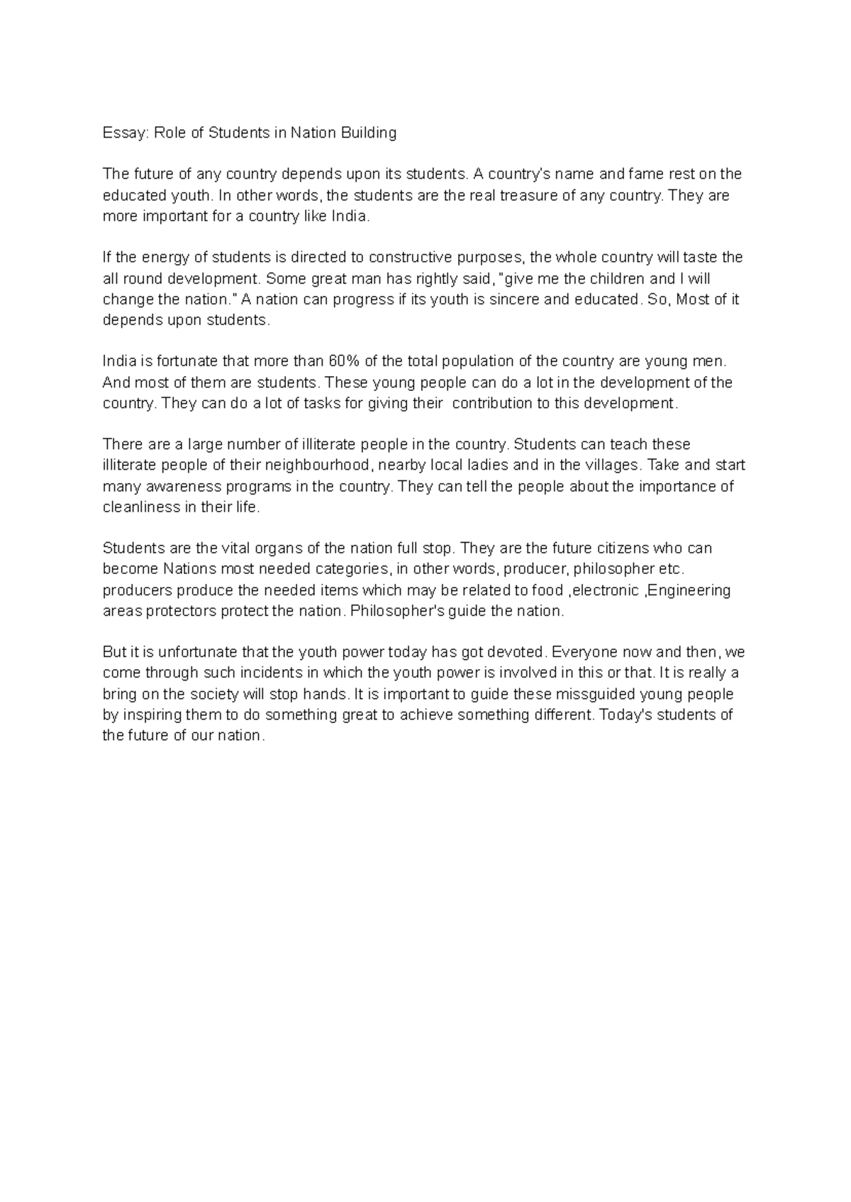 ESSAY: The Role of Students in Nation Building - Studocu