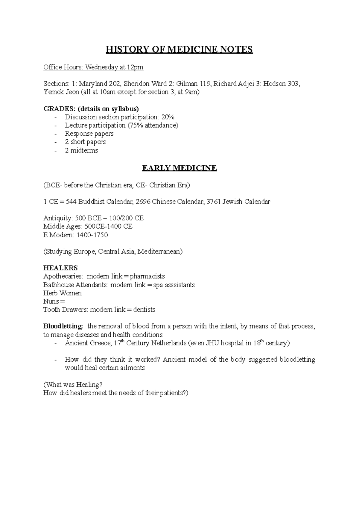 HIST 101: History of Medicine Lecture Notes and Key Concepts - Studocu