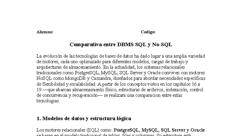 Comparativa entre DBMS SQL y NoSQL: Tarea DB - Studocu