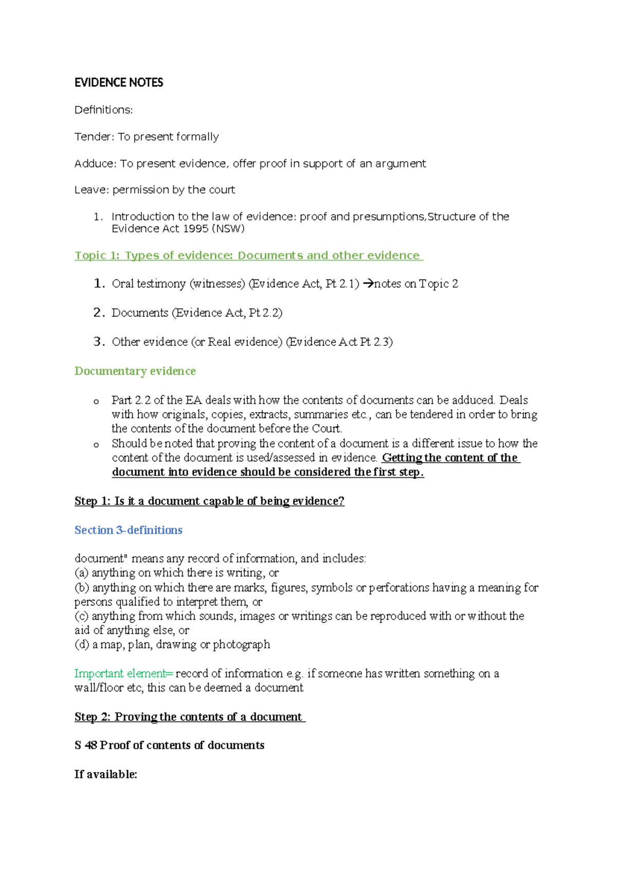 Evidence Notes for NAA - Understanding the Law of Evidence - Studocu