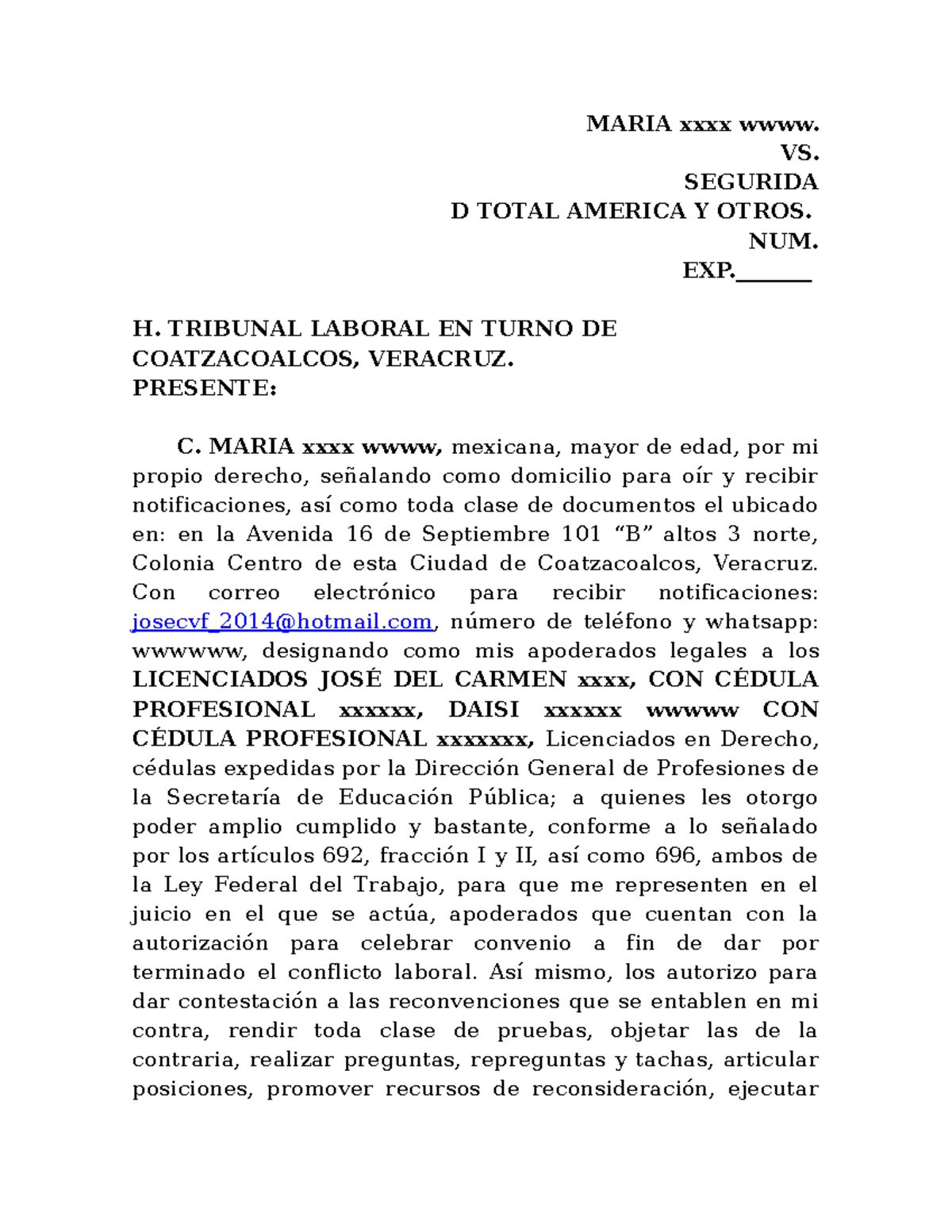 Demanda Laboral - Maria vs Seguridad Total America - Tribunal Laboral ...