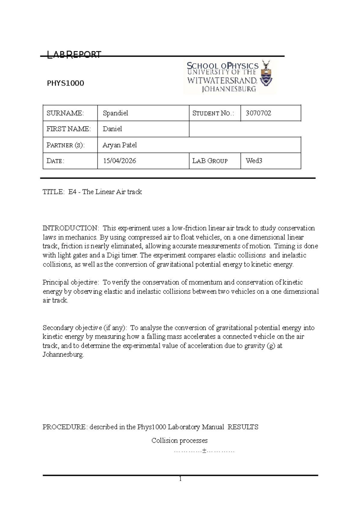 E4 Lab Report: Linear Air Track Experiment (3070702) - Studocu