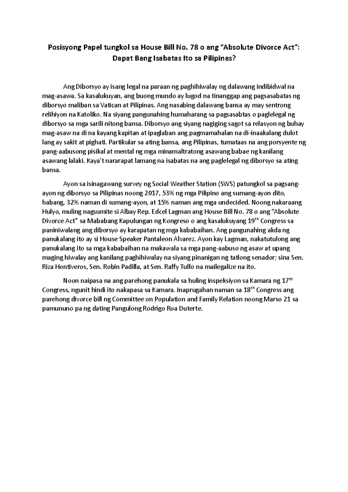 Posisyong Papel sa House Bill 78: Pagsusuri ng Diborsyo sa Pilipinas - Studocu