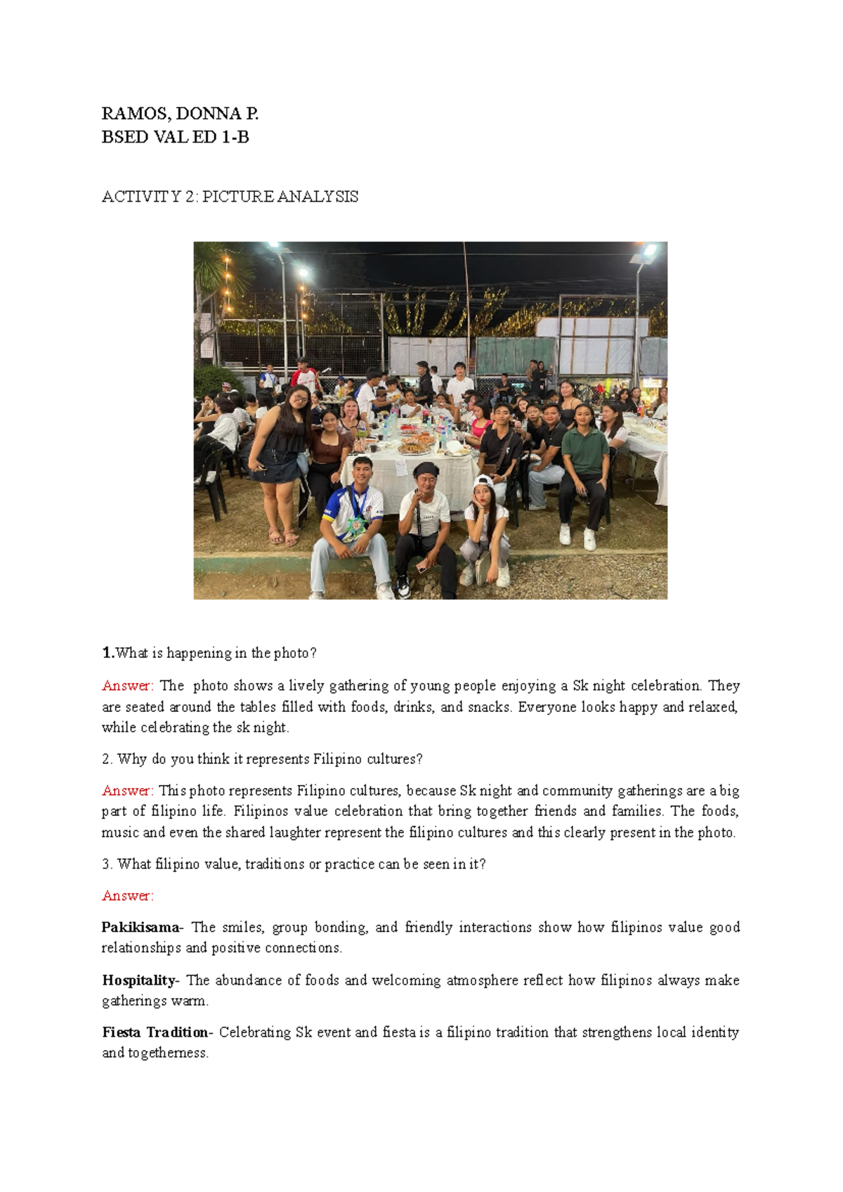 BSED VAL ED ACTIVITY 2: PICTURE ANALYSIS OF SK NIGHT CELEBRATION - Studocu
