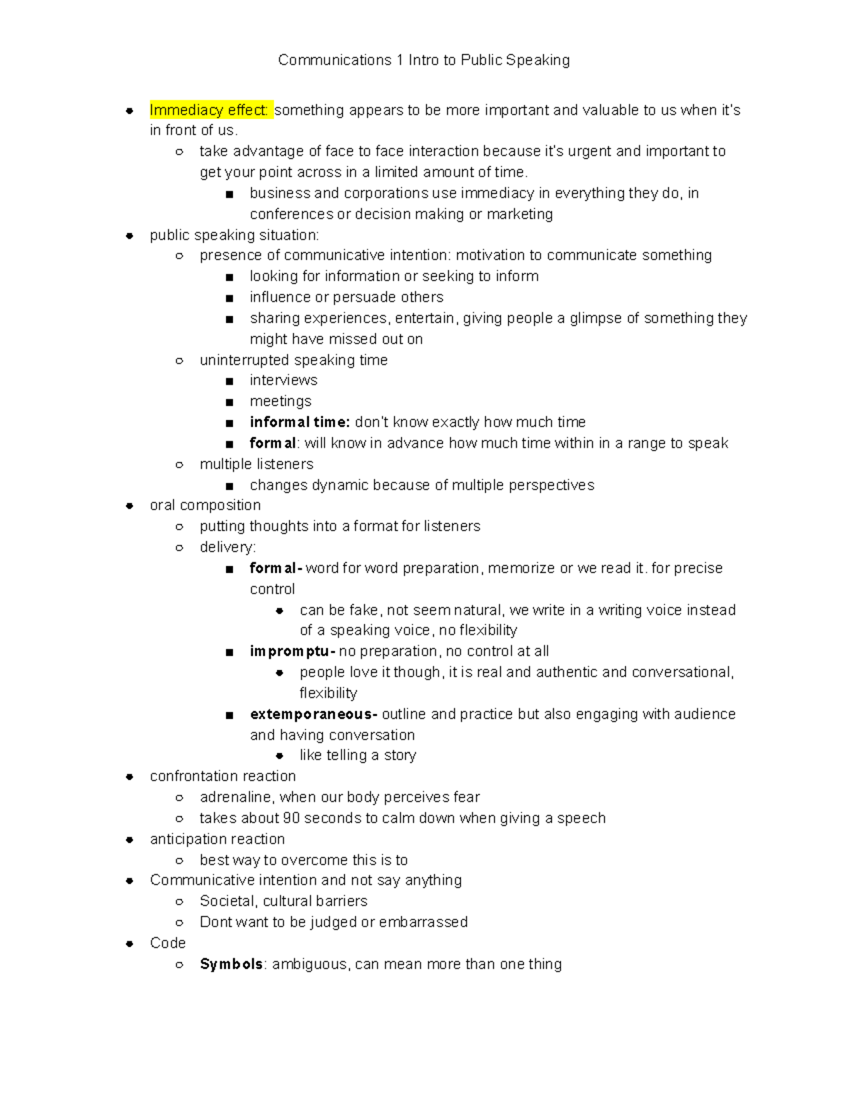 Communications 1 - Public Speaking Lecture Notes (1-10) - Studocu
