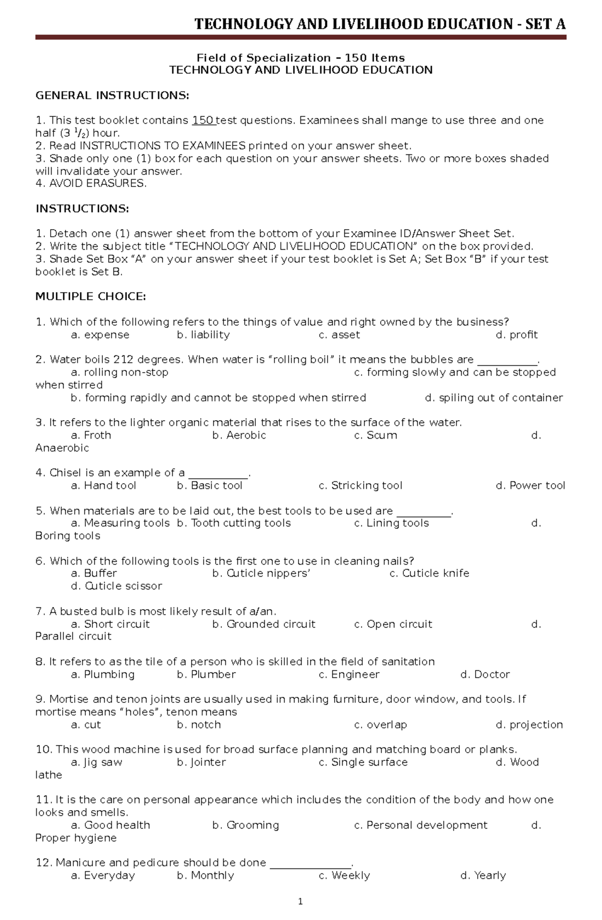 TLE 1643253896568 Final Exam Set A - 150 Item Questions - Studocu