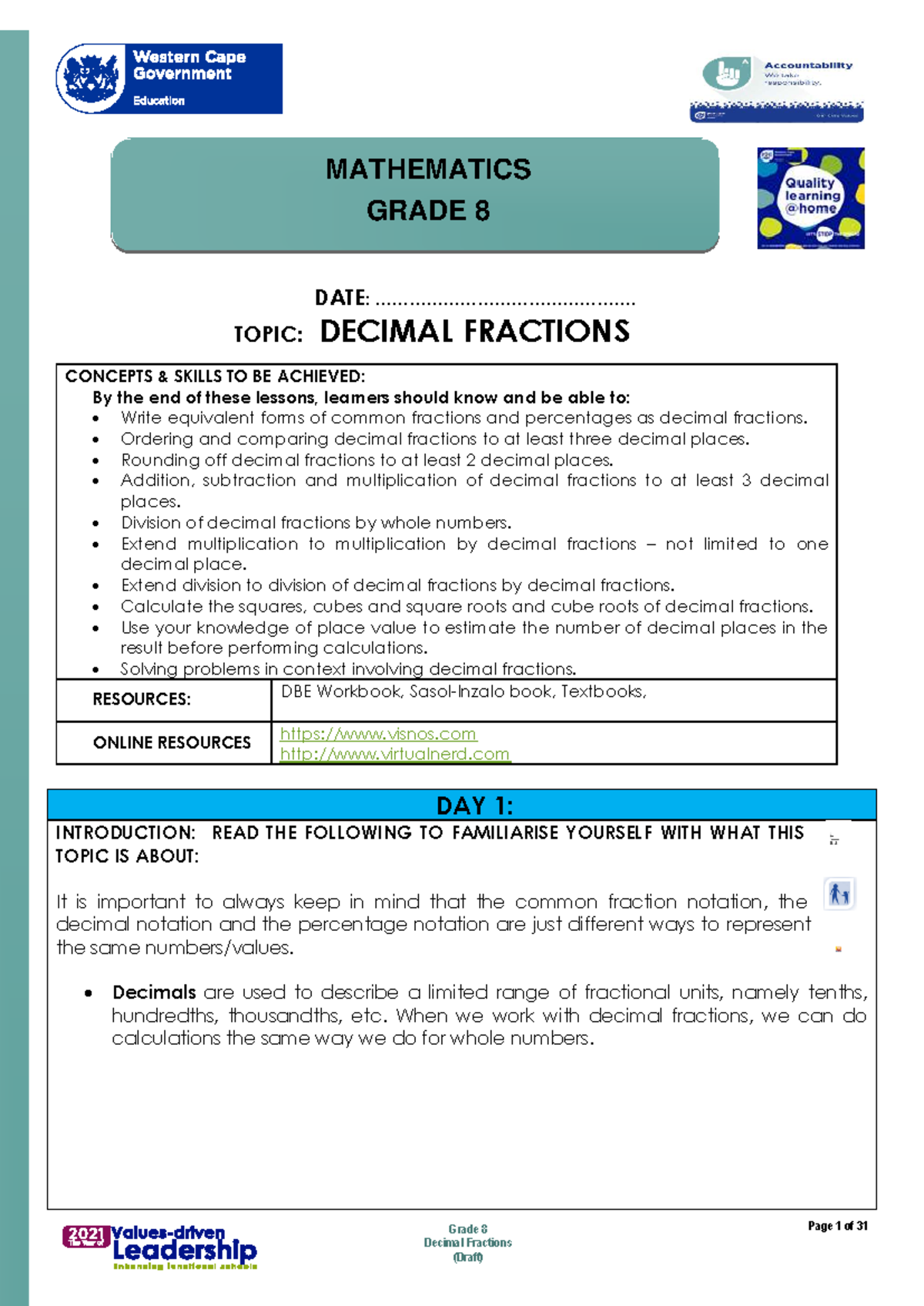 Grade 8 Mathematics: Lesson Plan on Decimal Fractions - Studocu