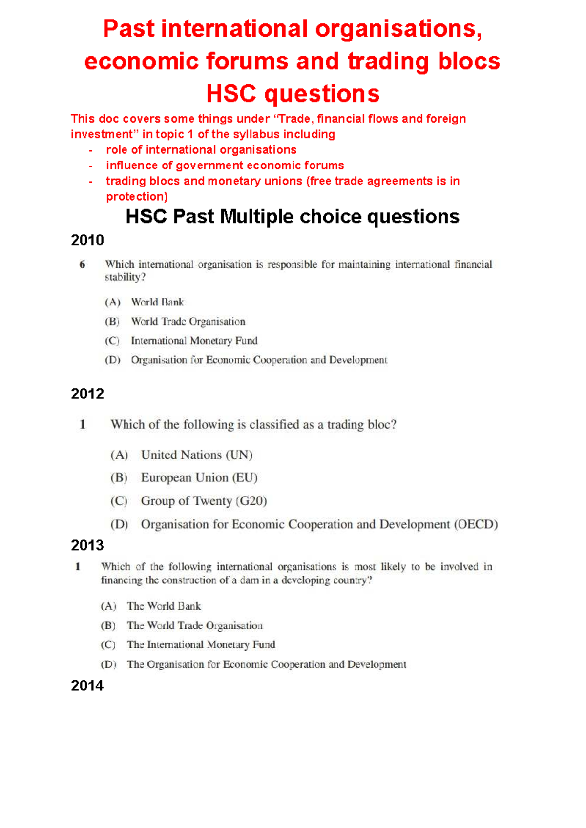 Past International Organisations & Trading Blocs HSC Economics - Studocu