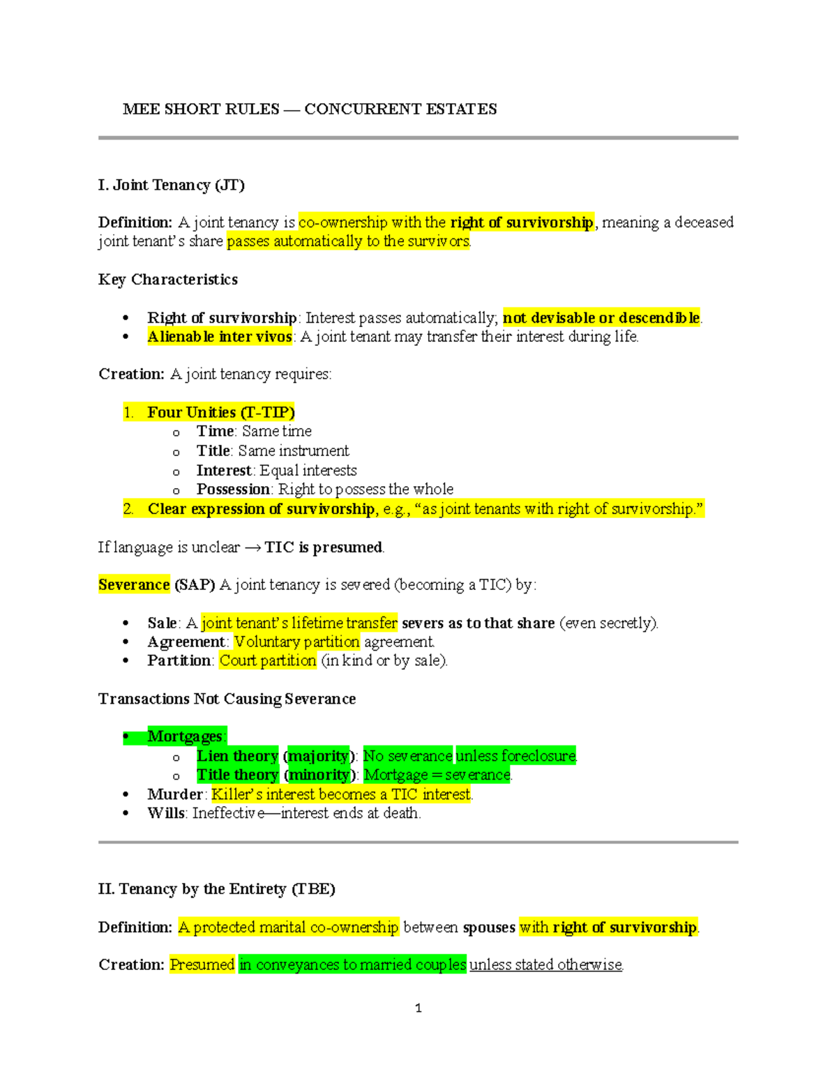 MEE Property Outline: Key Rules on Concurrent Estates and Leasehold ...
