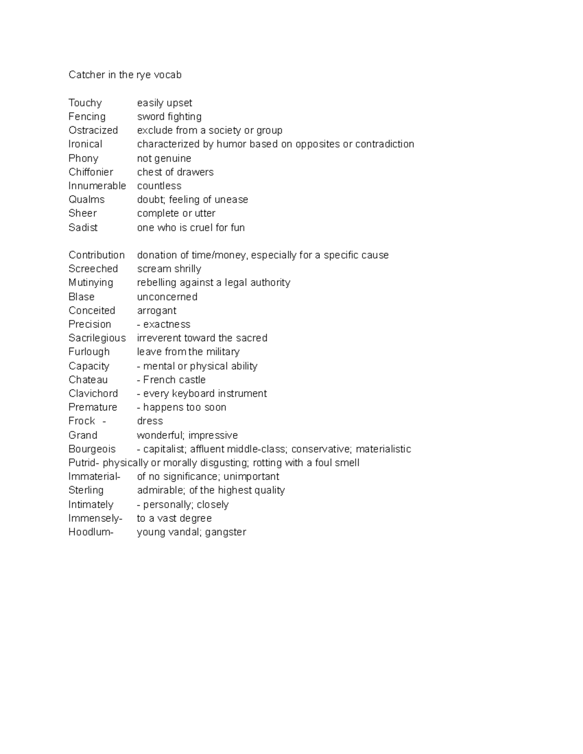 Catcher in the Rye Vocab List for Study - Studocu