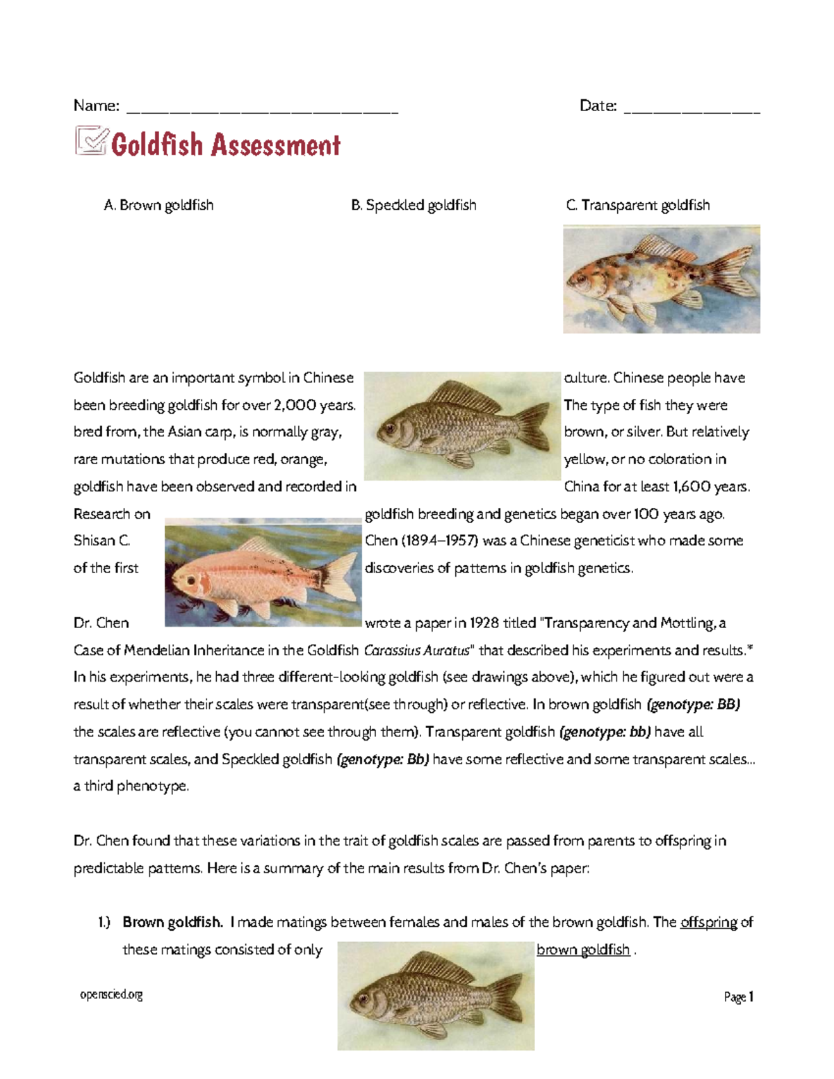 Goldfish Genetics: Lesson 10 Assessment on Color Variations - Studocu