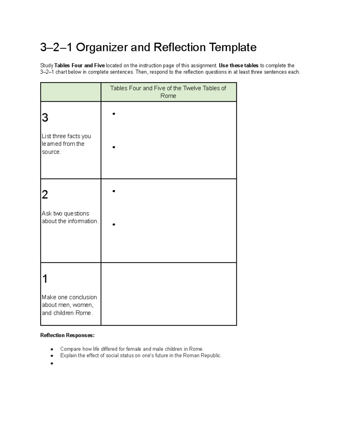 3–2–1 Organizer and Reflection Template - 3–2–1 Organizer and Reflection Template Study Tables ...