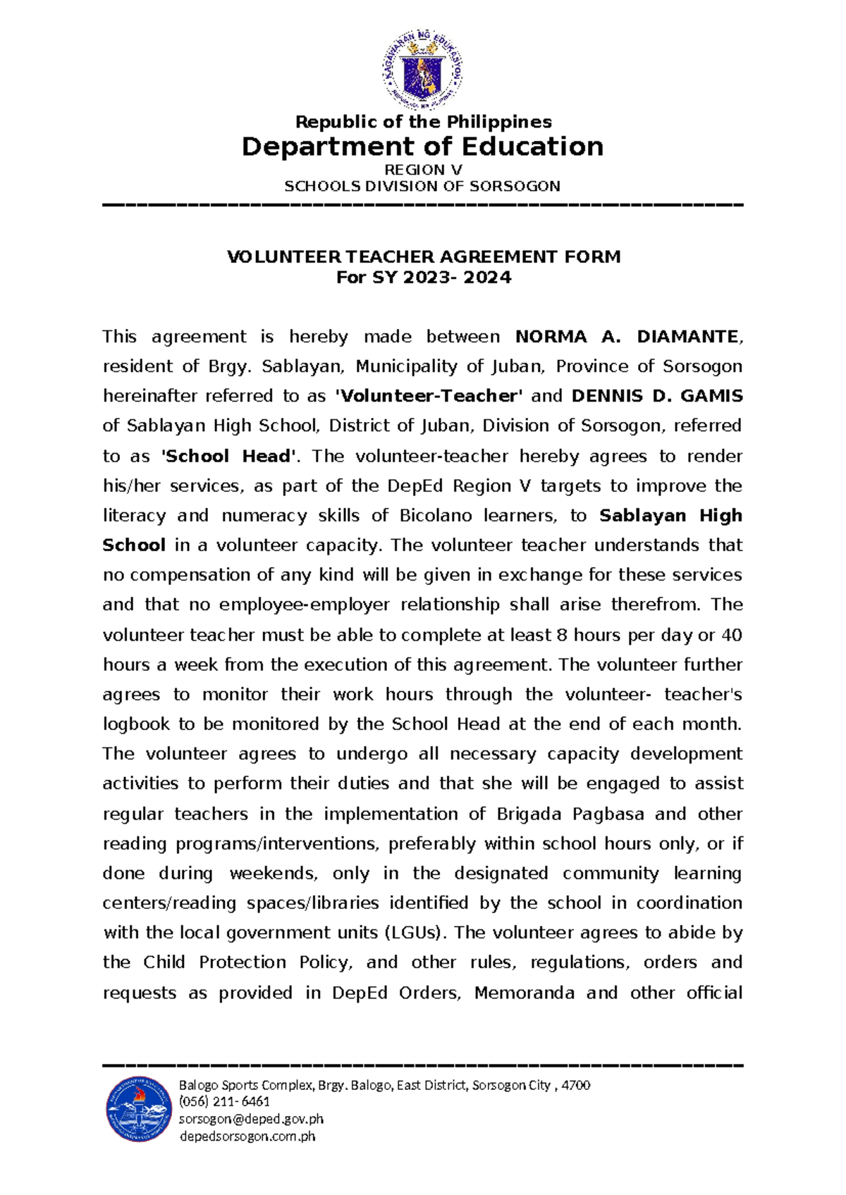 Volunteer Teacher Agreement Form SY 2023-2024 - DepEd Region V - Studocu
