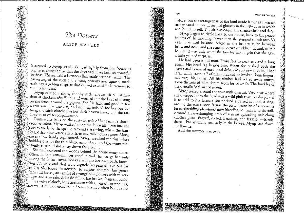 Alice Walker - The Flowers: A Study of Innocence and Discovery - Studocu