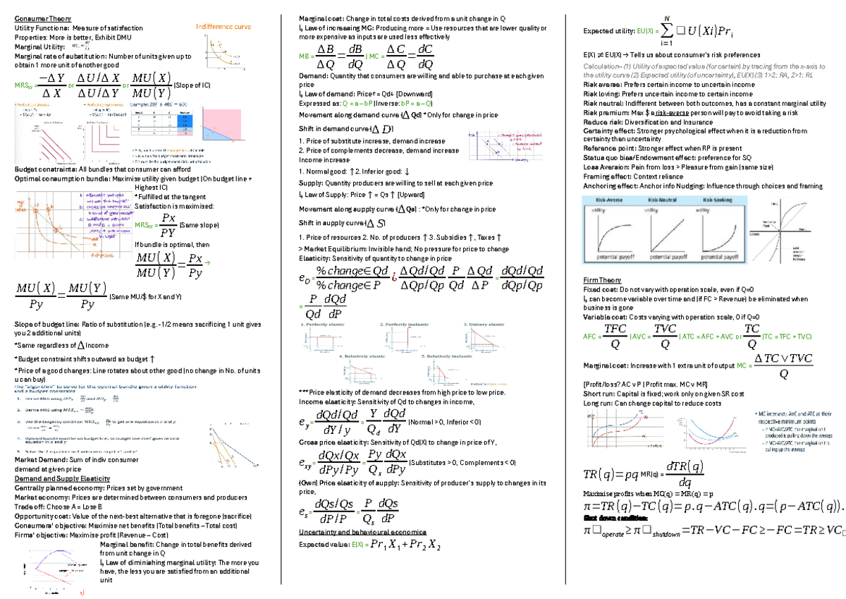 BSP Cheatsheet - Consumer Theory Utility Functions: Measure of ...