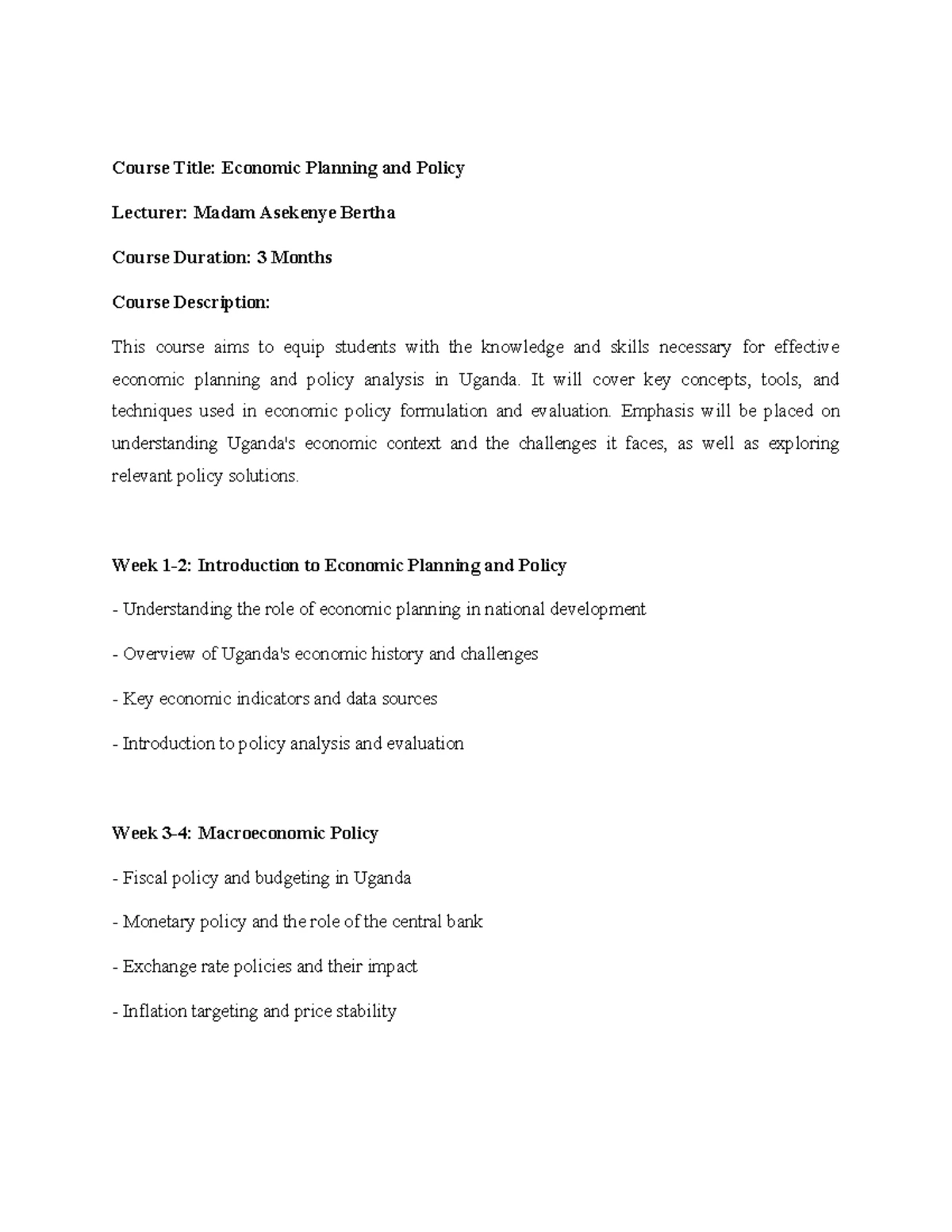 Economic planning and policy Course Outline 2024 - Economic planning ...
