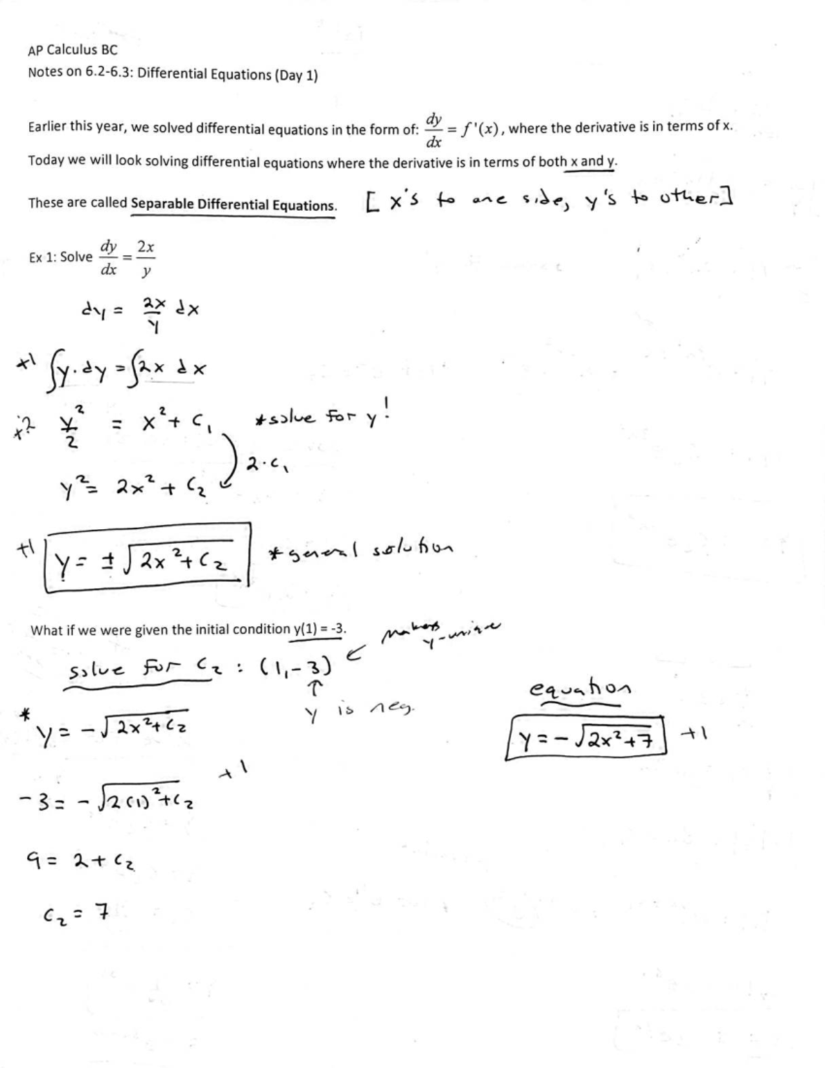 AP Calculus BC: Teacher Notes on Separable Differential Equations - Studocu