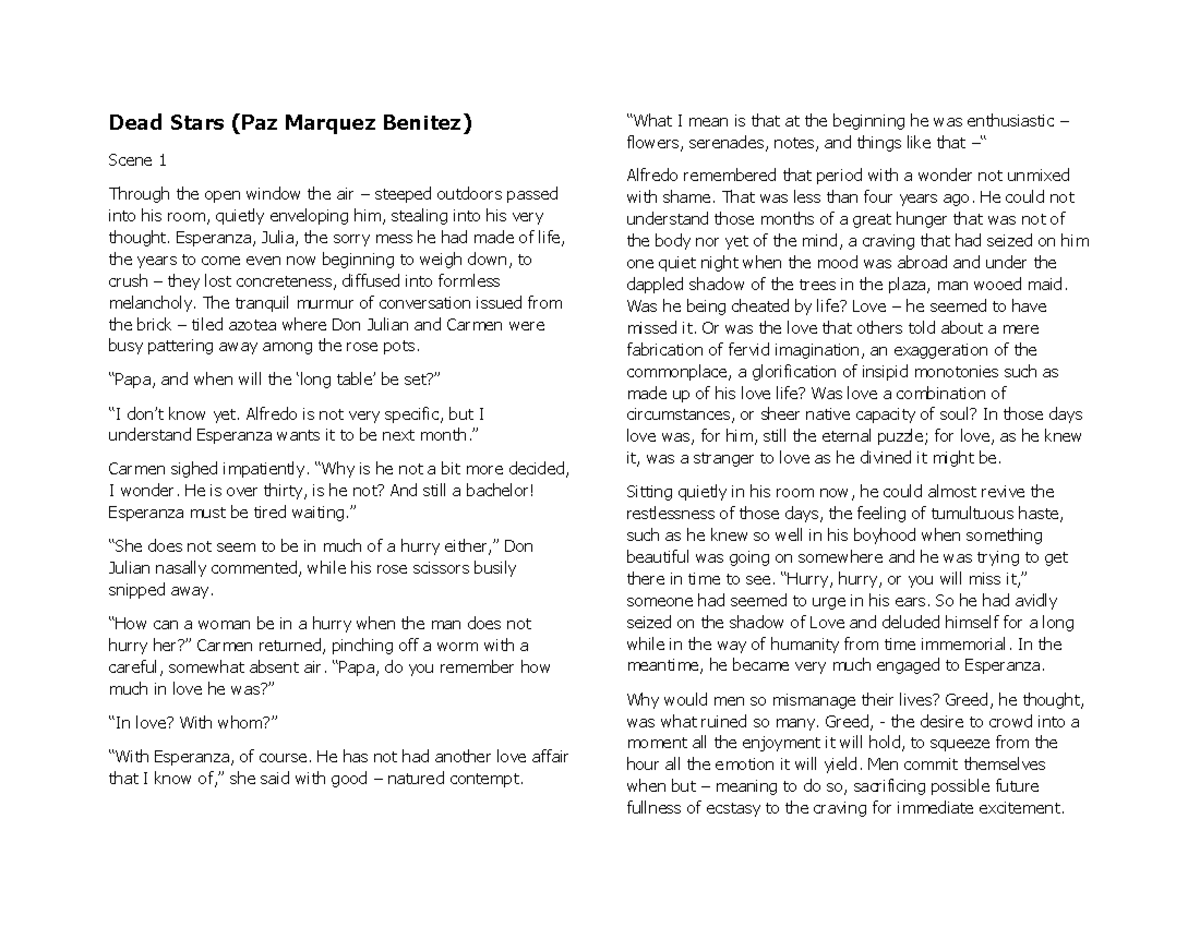 Dead Stars (Paz Marquez Benitez) Scene 1-3 Summary and Analysis - Studocu