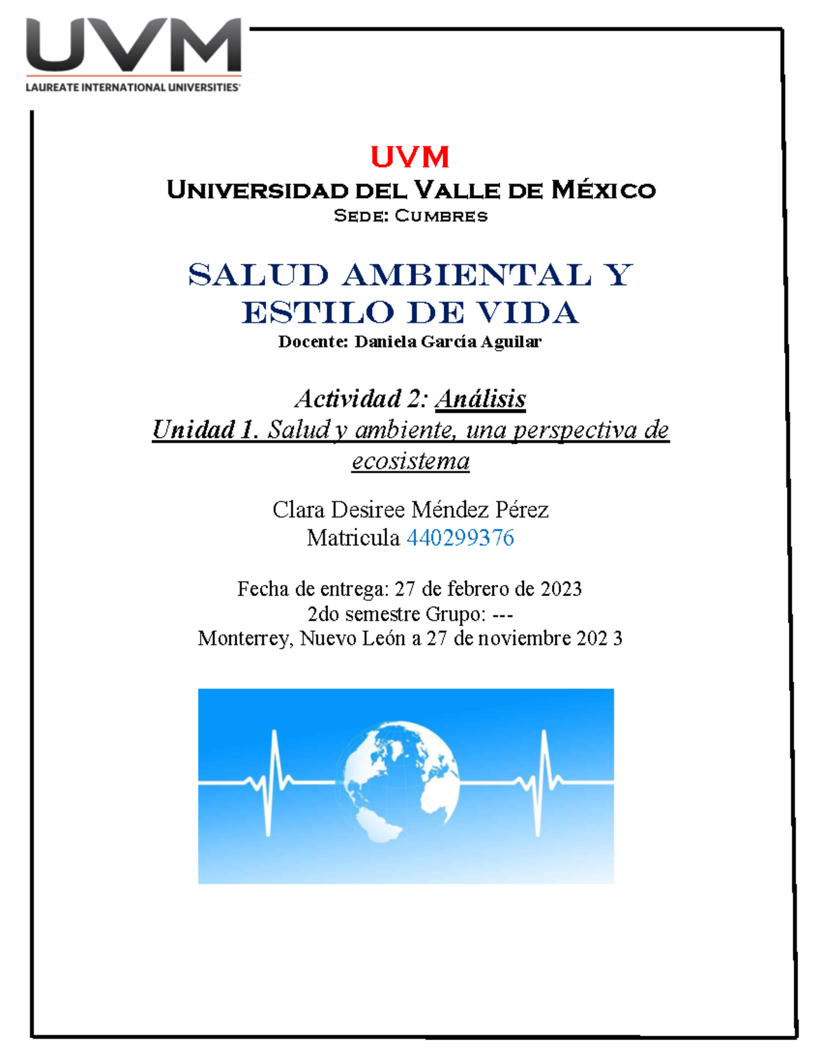 Actividad 2: Análisis de Salud Ambiental y Estilo de Vida - UVM - Studocu