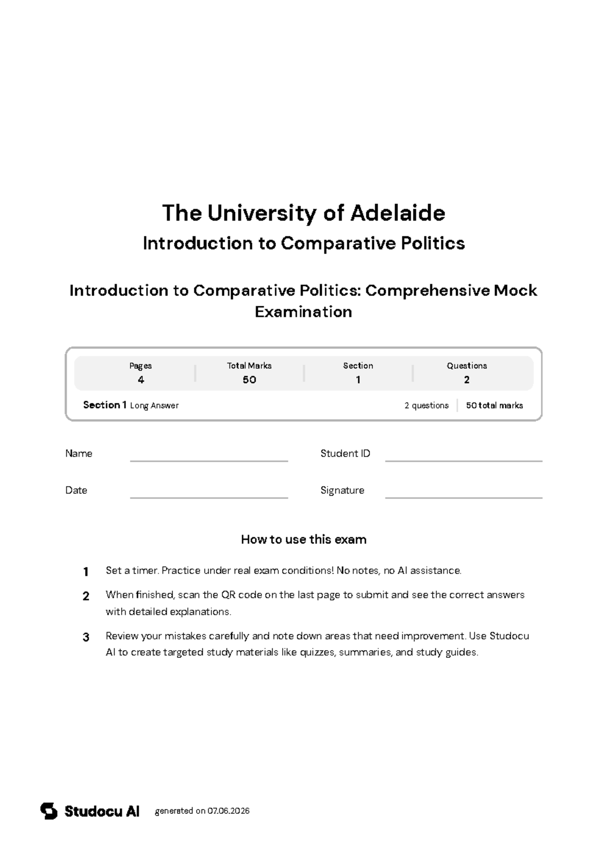 Comparative Politics: Comprehensive Mock Exam - Studocu